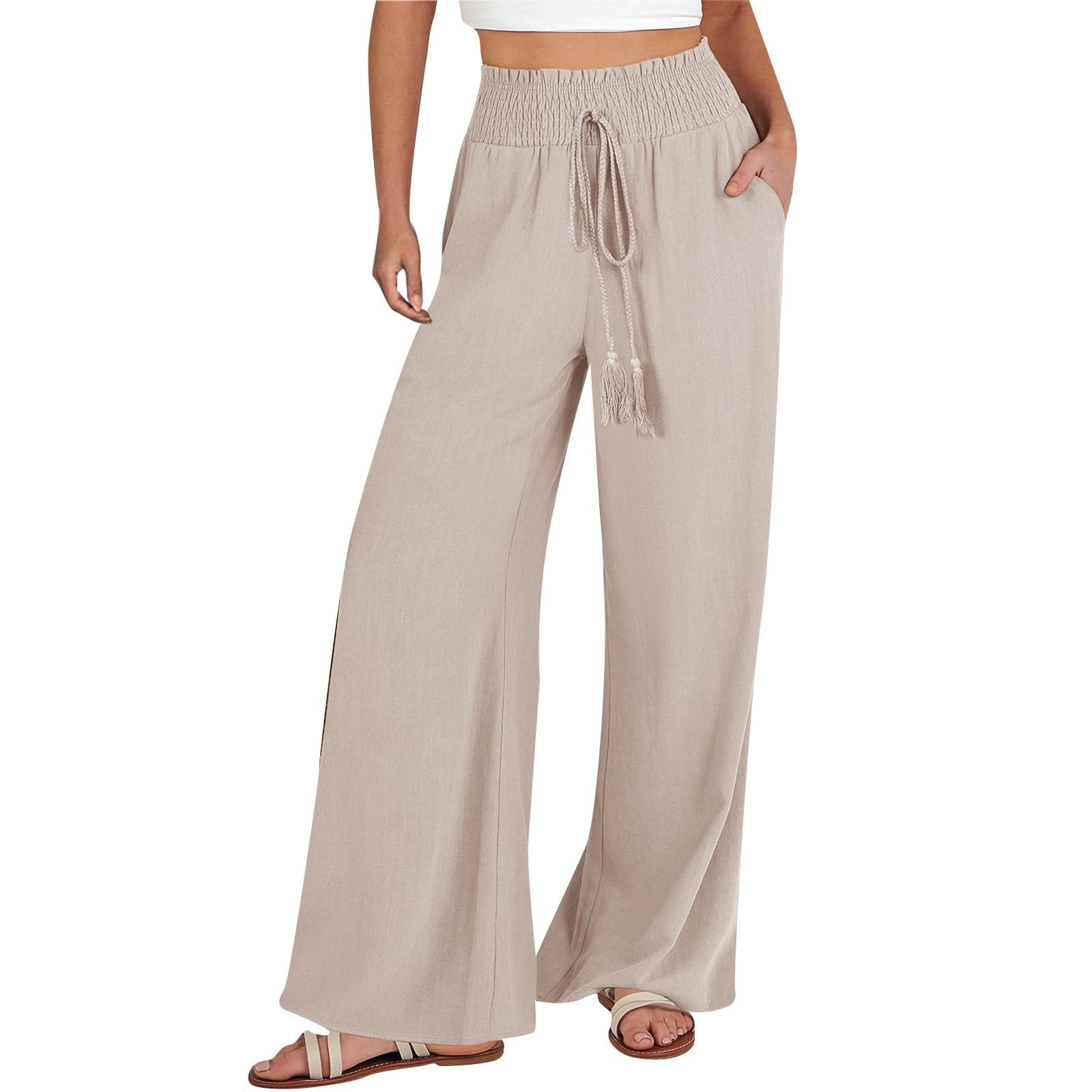 Women Linen Palazzo Pants Summer Boho Wide Leg High Waist Casual Lounge