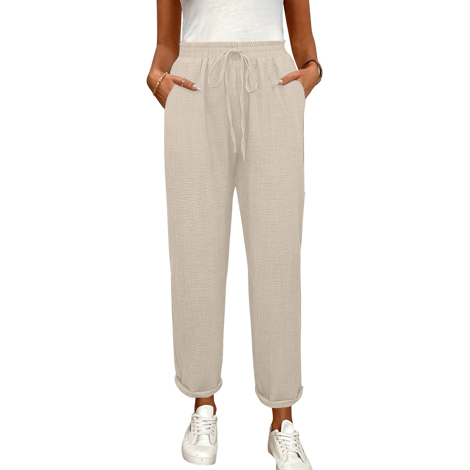 Women Linen Pants Pull on Drawstring High Waisted Ankle Length Straight ...