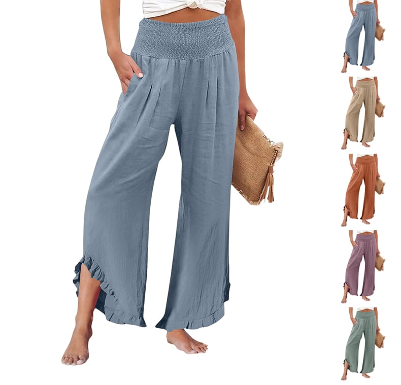 Women Linen Pants Ruffle Palazzo Pants Summer Smocked Waist Wide Leg ...