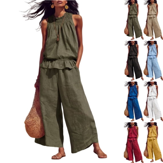 Women Linen Sets 2 Piece Outfits Boho Beach Travel Sets Sleeveless ...