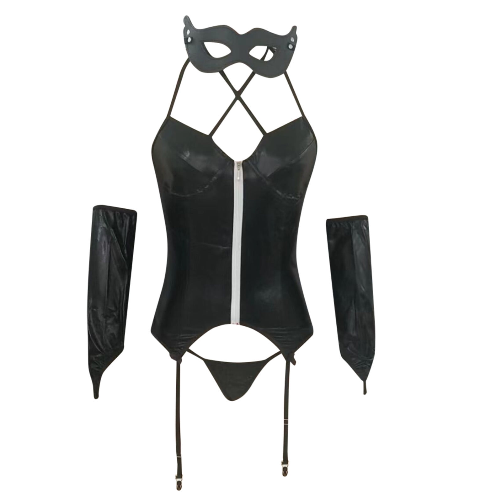 Women Lingerie Cute Black Lace Up Leather Backless Teddy Cute Lady Bodysuit Latex Underwear Set