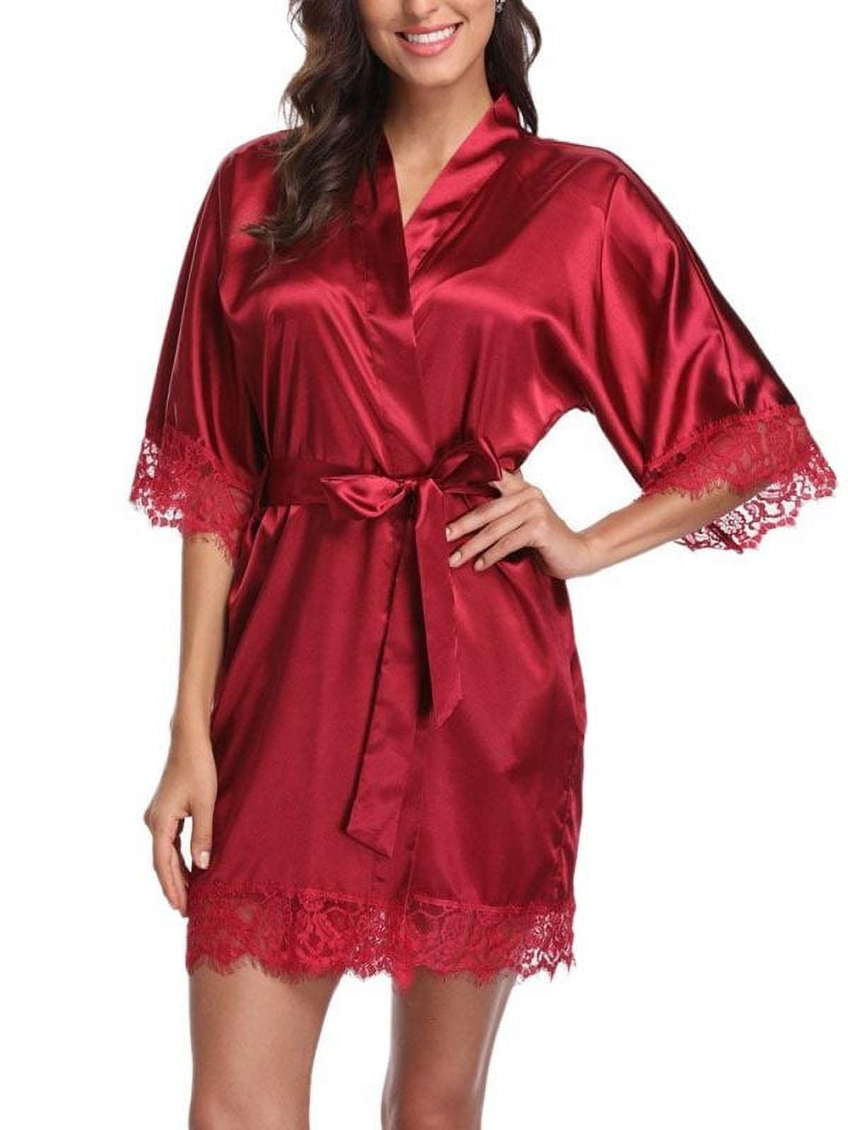Women Lingerie Robe Satin Lace Trim Sexy Kimono Robes with Ties ...
