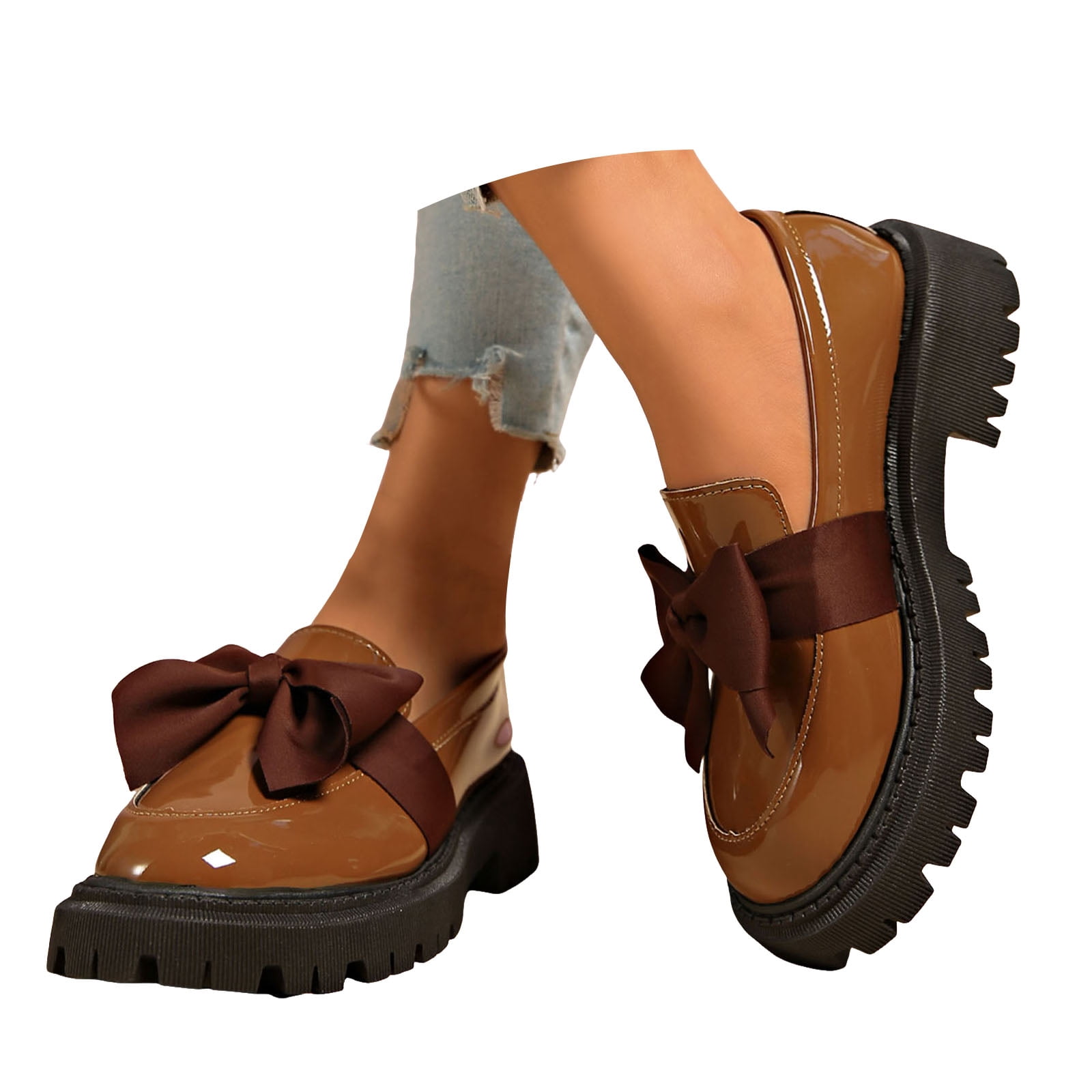 Women Loafers Platform Chunky Low Heel Slip On Lug Sole Casual Leather ...