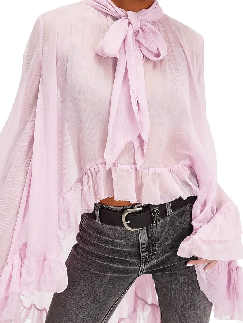 Women Long Bell Sleeve Frill Top See Through Sheer Mesh Blouse High Low ...