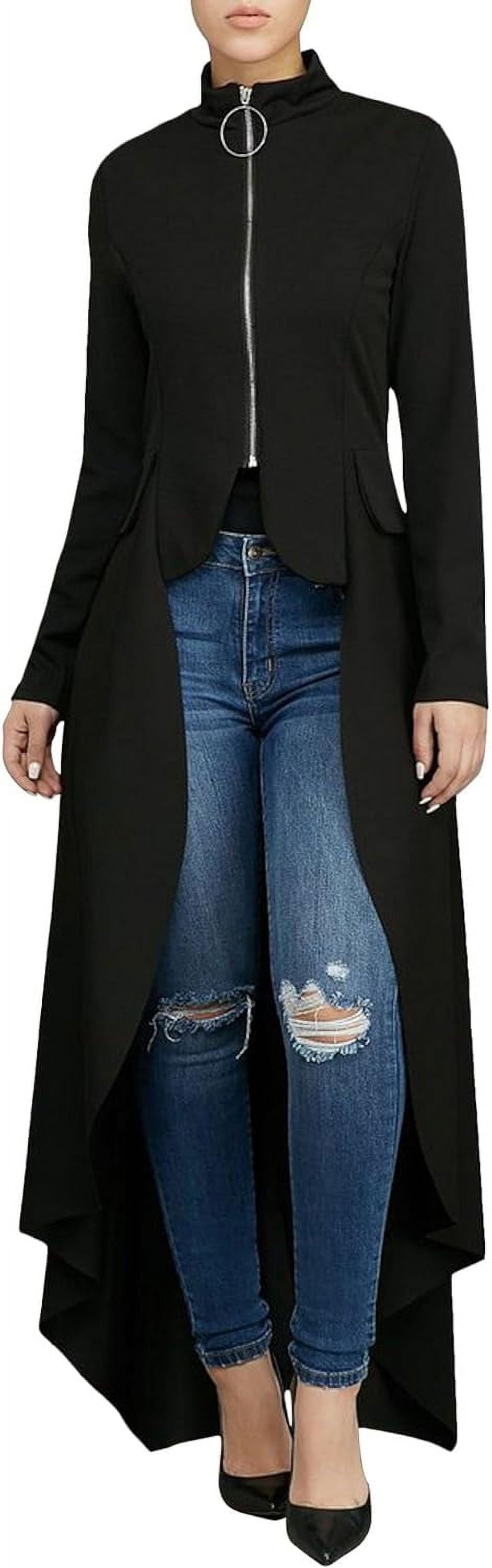 Women Long Dovetail Gothic Trench Coat Front Zipper Up Tailcoat Jacket Peplum Tops for Women ...