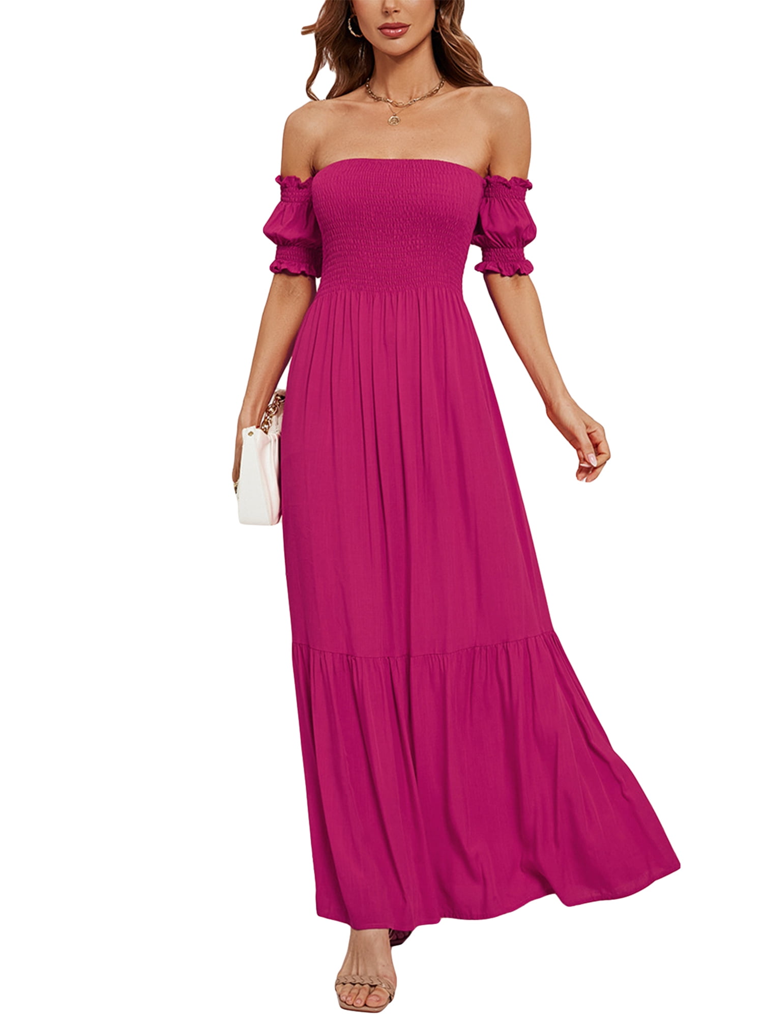 Women Long Dress Elegant Short Sleeve Off Shoulder Solid Loose Swing Dress Summer Dresss M L