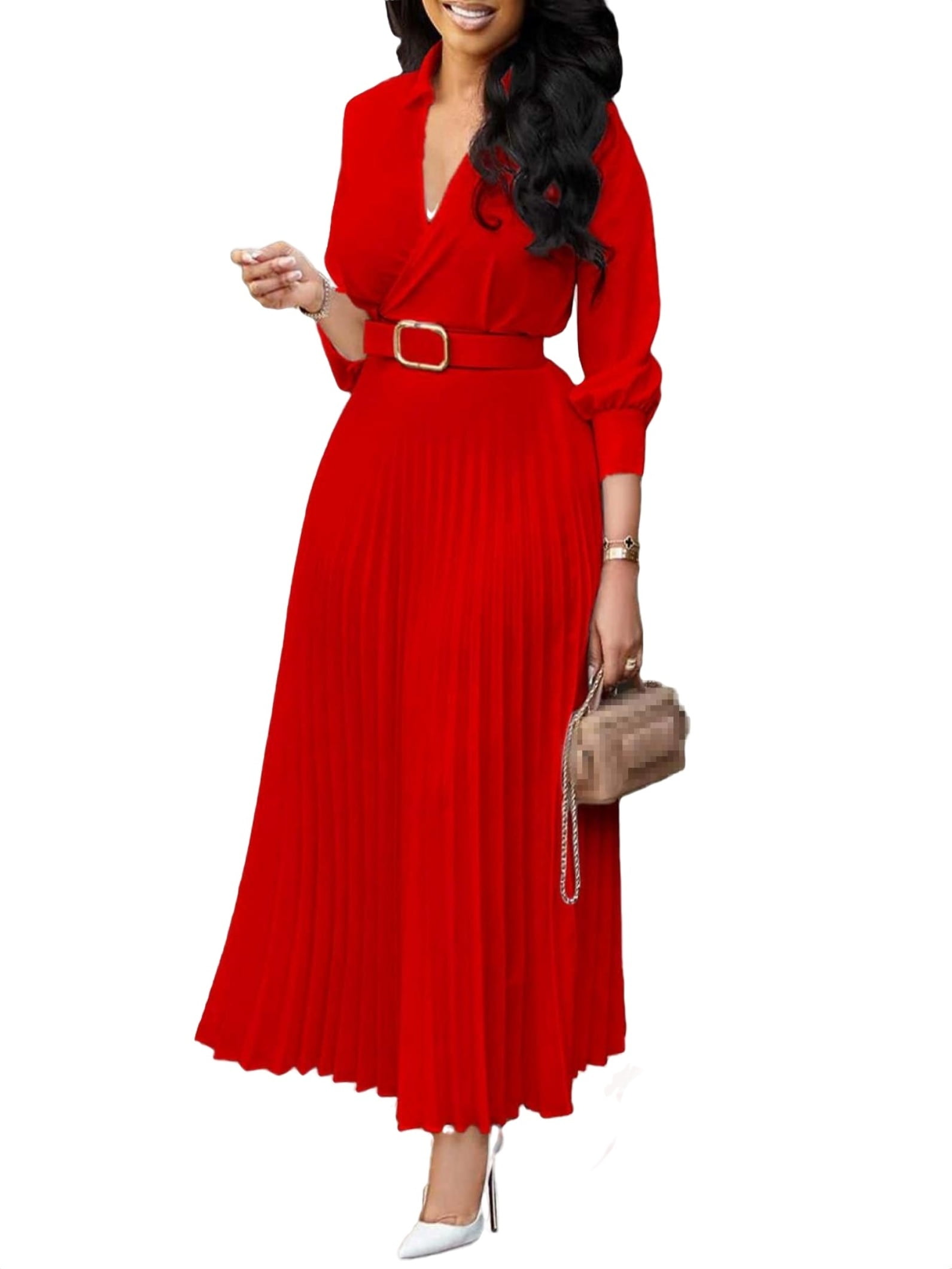 Women Long Dress Elegant Waist Cinched Solid Color Pleated Design with Belt Detail – Wrist ...