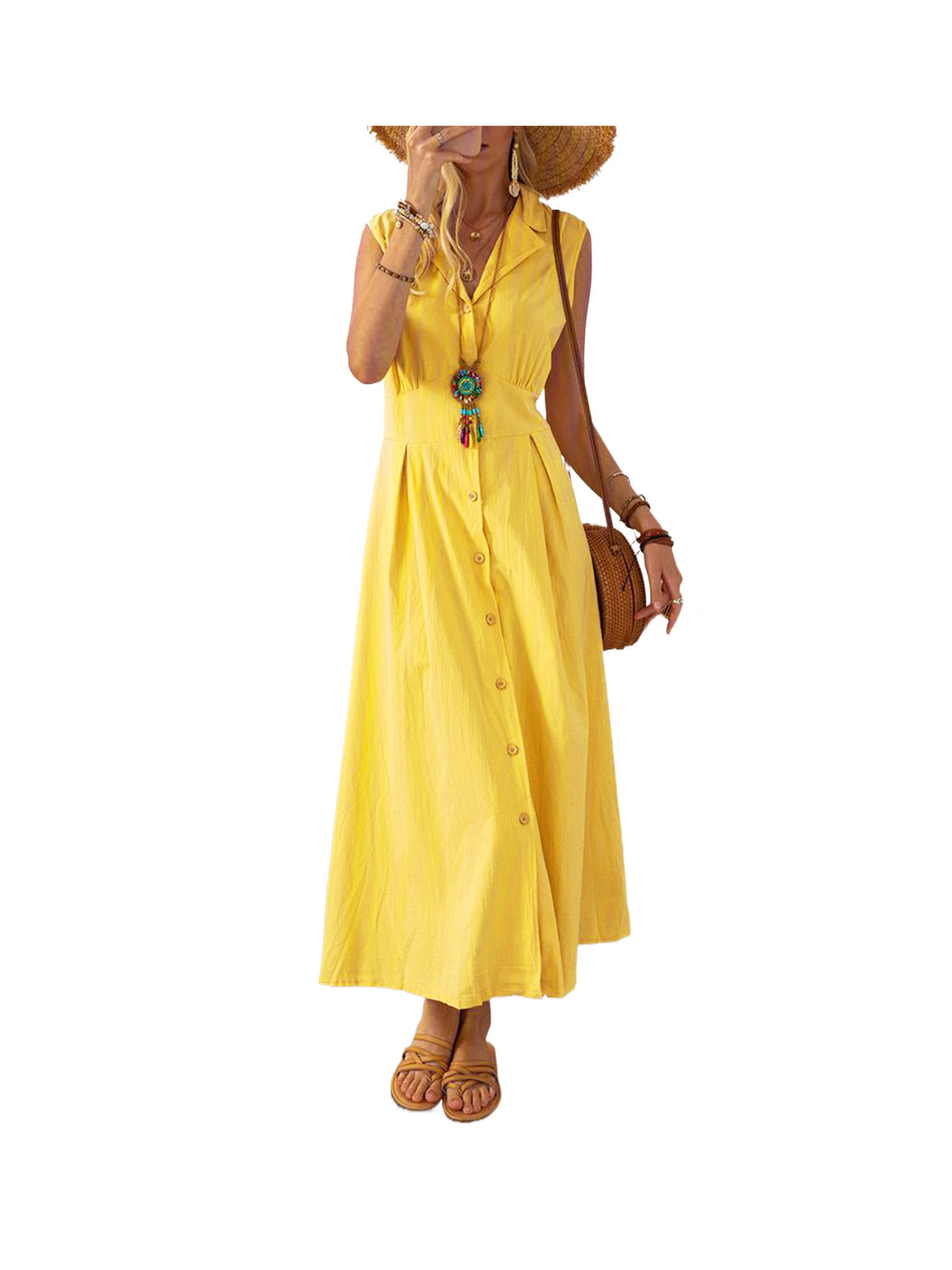 Women Long Dress Solid Color Sleeveless Turn-down Collar V Neck Button ...