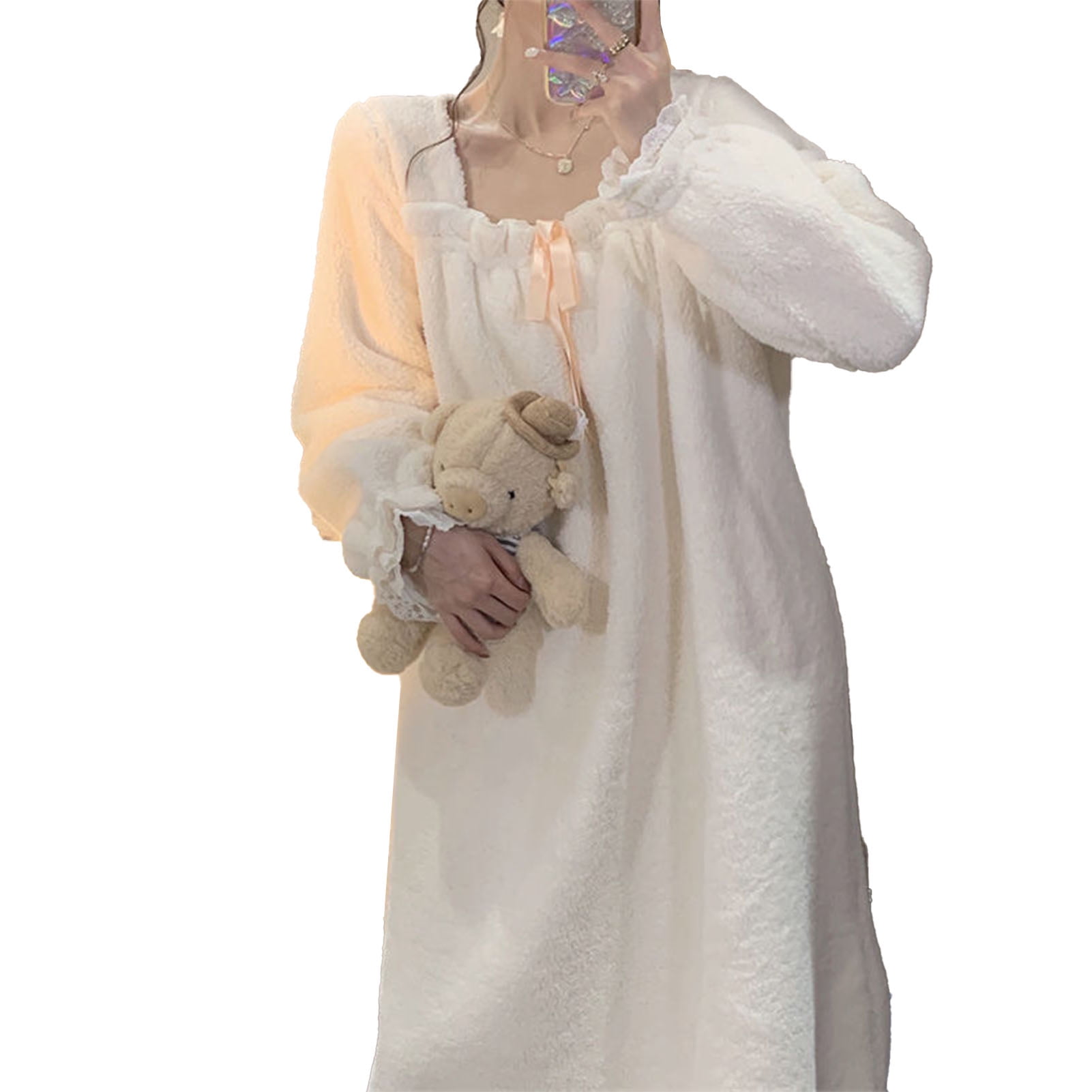 Women Long Fleece Nightgown Warm Soft Cute Casual Loose Fitting Winter ...