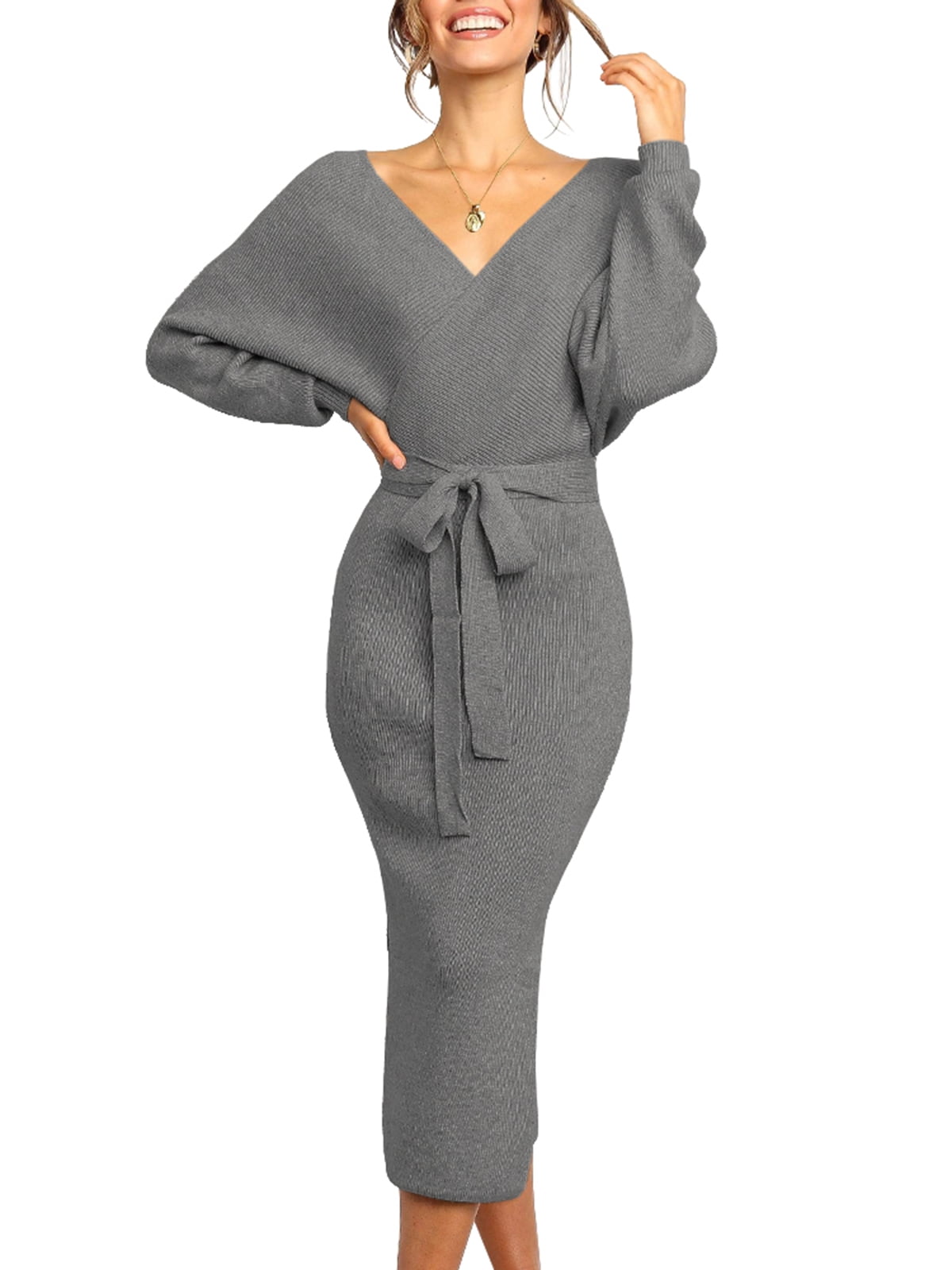 Women Long Maxi Sweater Dresses Sexy Wrap Batwing V Neck Slit Open Back ...
