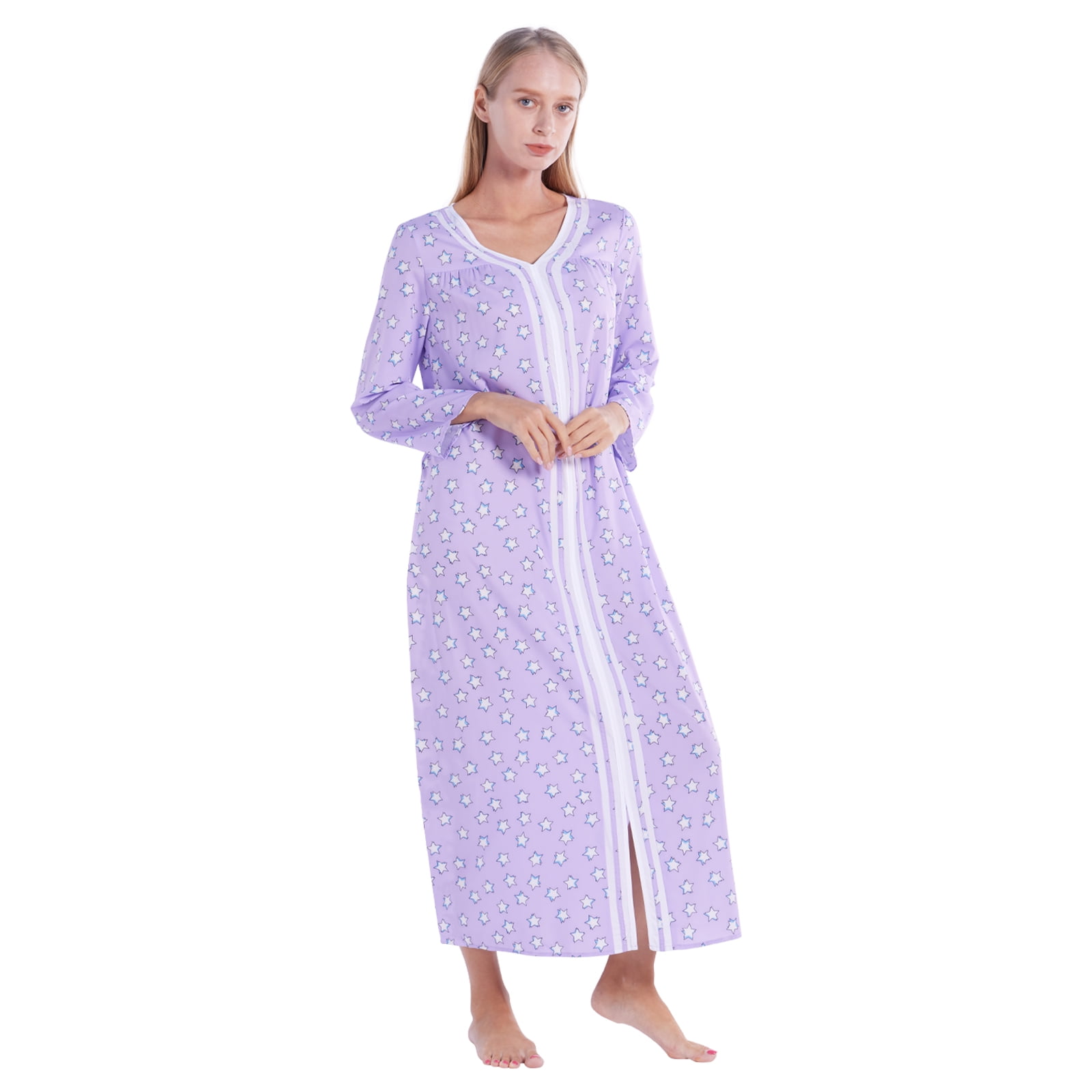 Women Long Nightdress Printed Pajamas Long Sleeve Pajamas Breathable ...
