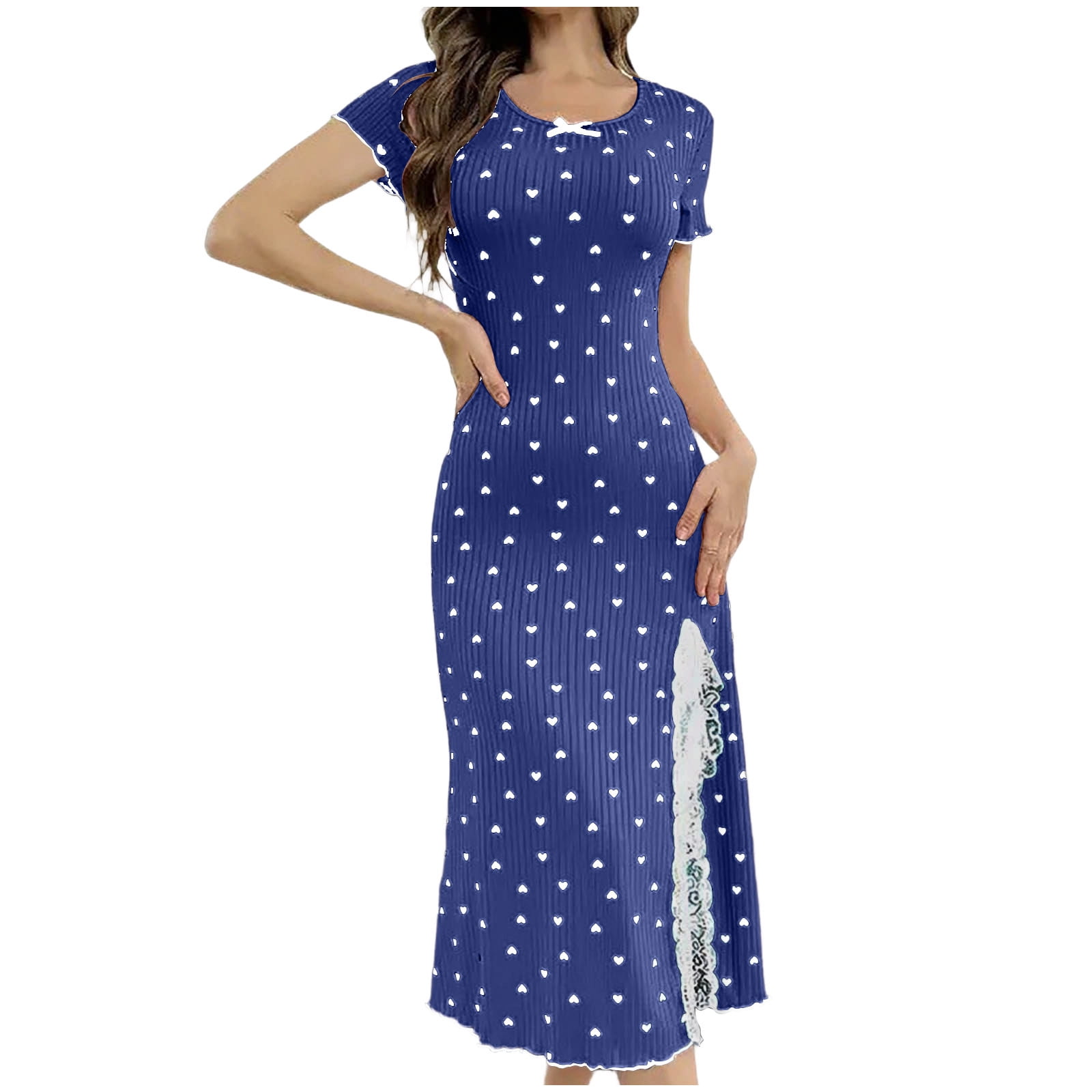 Women Long Nightgowns Cute Heart Short Sleeve Nightdress Ribbed Knit ...