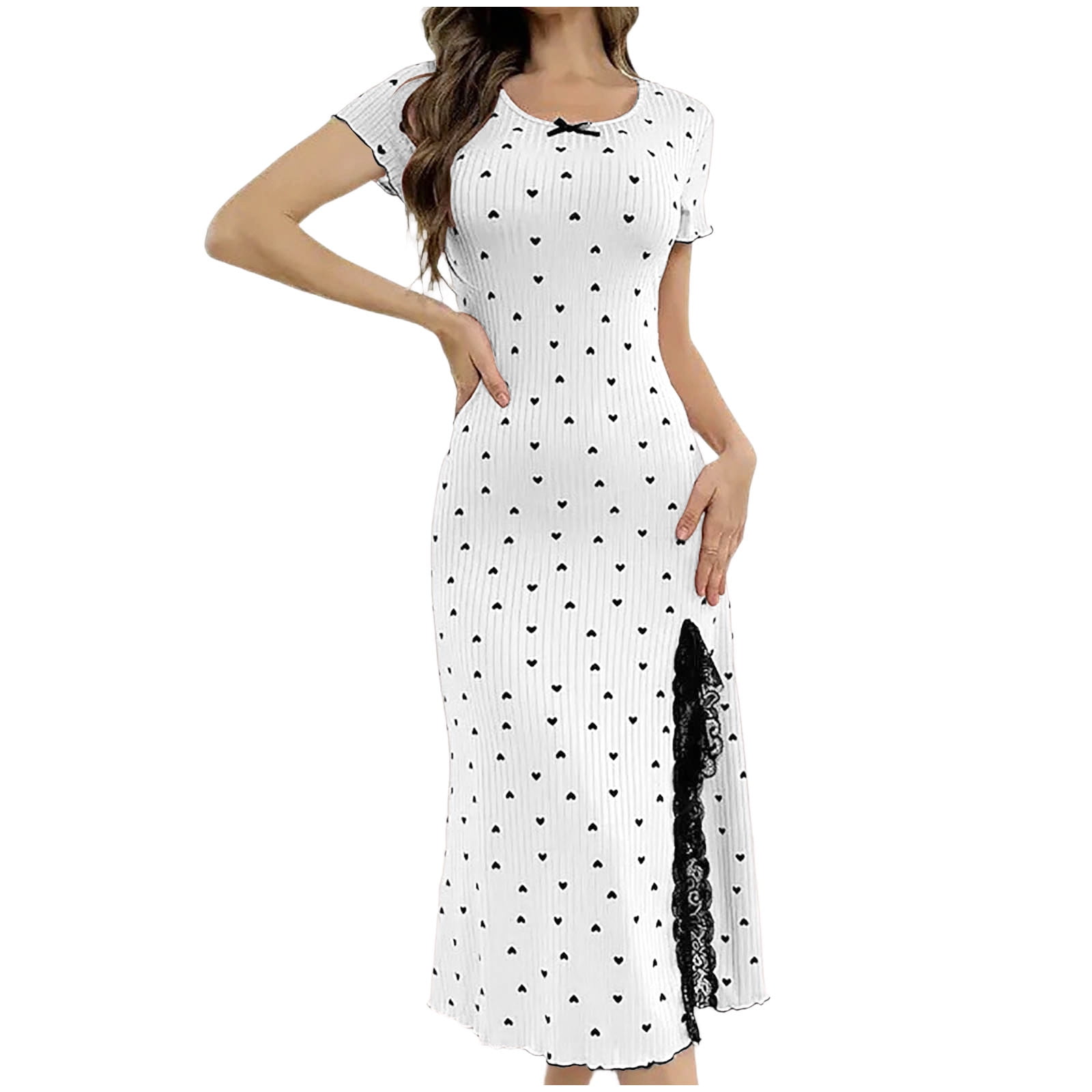 Women Long Nightgowns Cute Heart Short Sleeve Nightdress Ribbed Knit ...