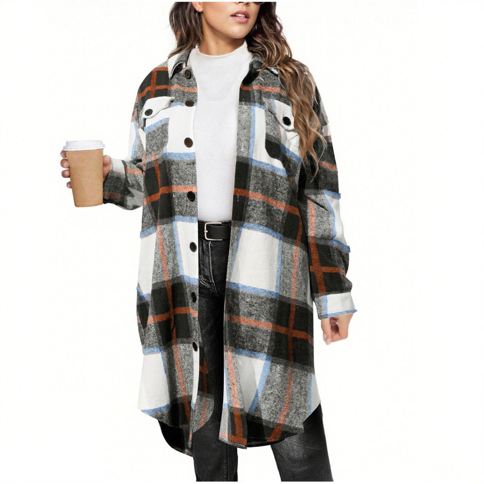 Women Long Plaid Shacket Flannel Shirt Wool Blend Mid-length Jacket ...