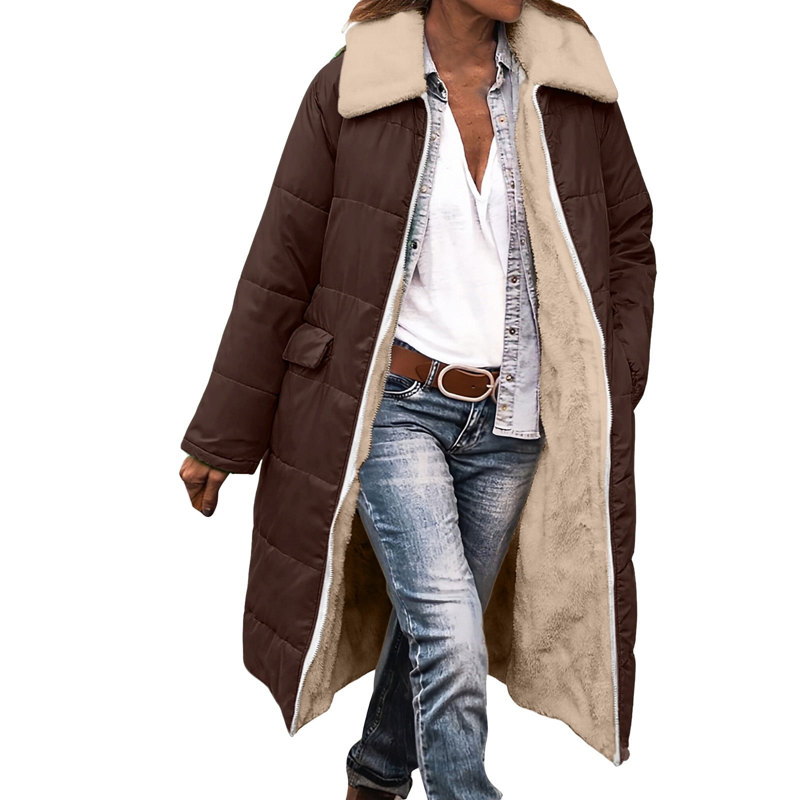 Women Long Puffer Coat Thicken Sherpa Lined Faux Fur Lapel Neck Full ...