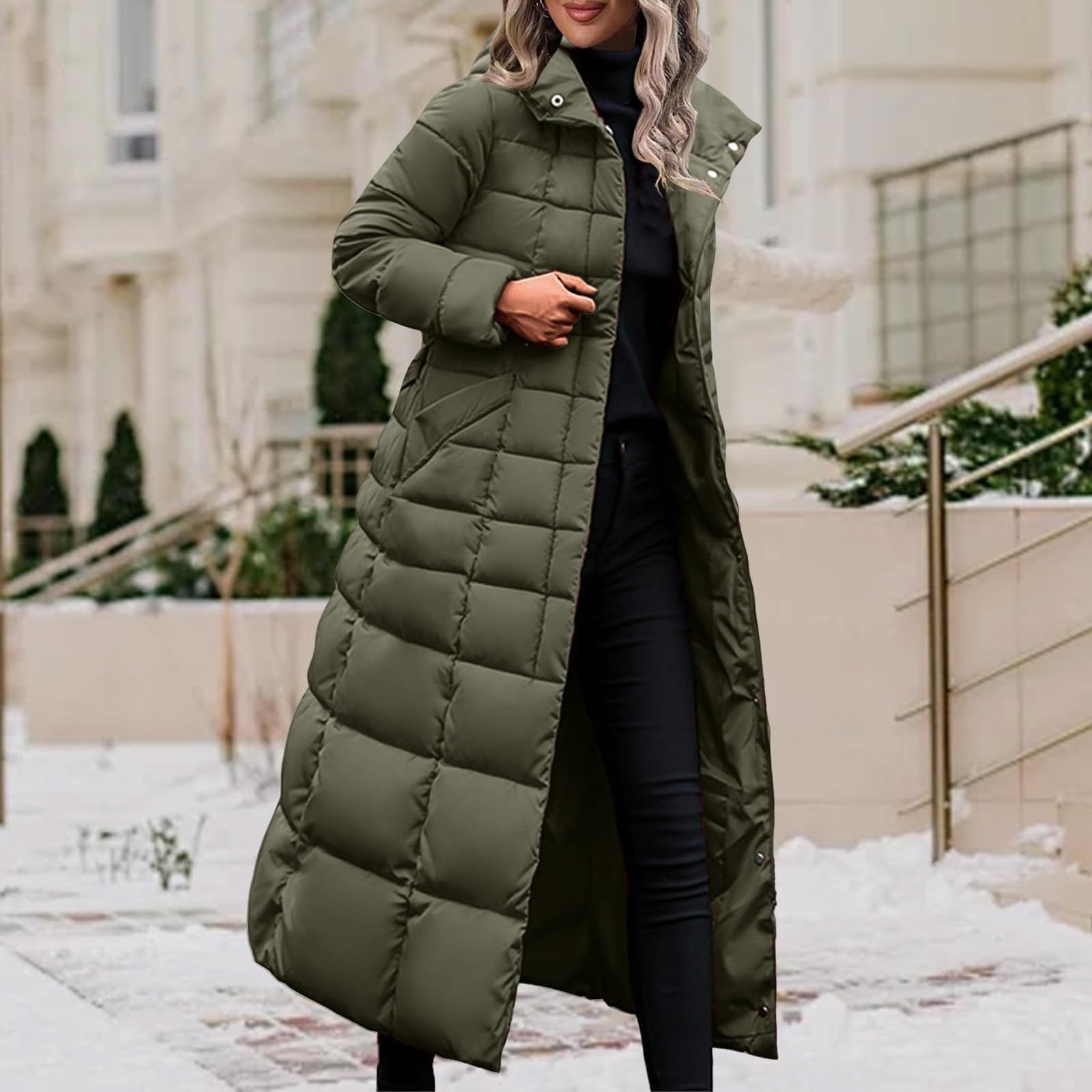 Women Long Puffer Coat Winter Warm Quilted Hooded Jacket Long Sleeve ...