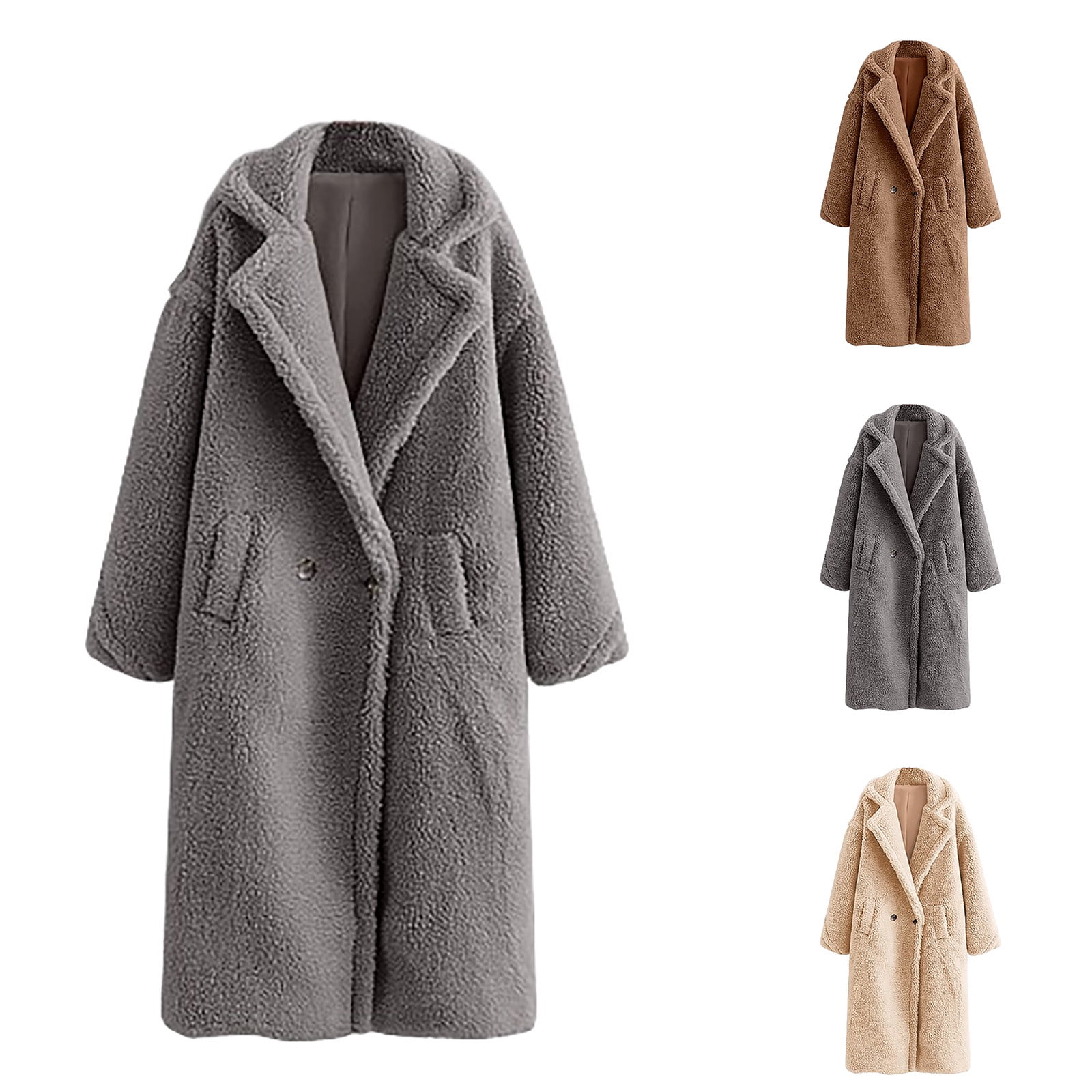 Women Long Sherpa Coat Fuzzy Faux Fur Trench Jackets Winter Fleece ...