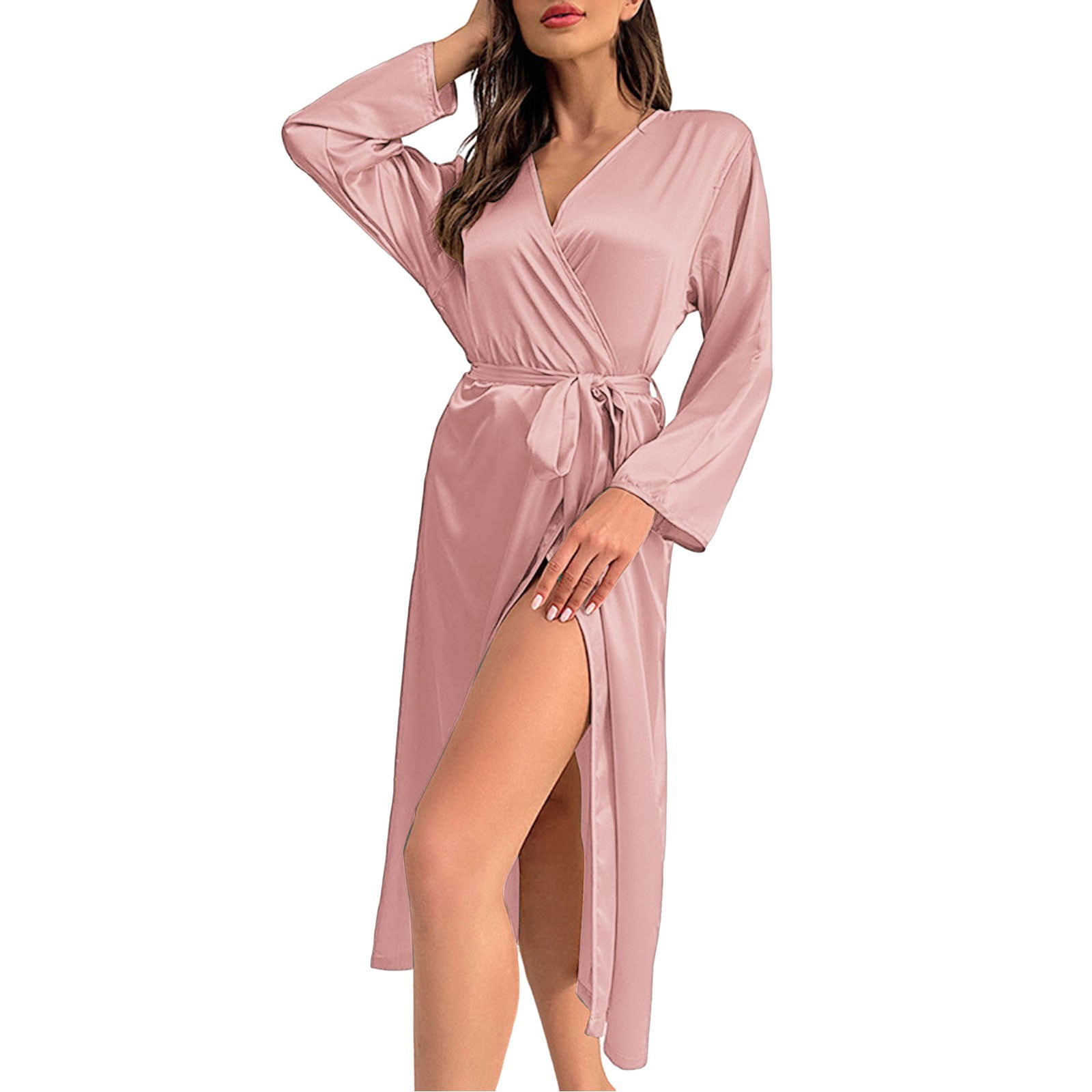 Women Long Silk Kimono Bath Robe Nightgown Bathrobe Solid Color Party Satin Long Robes With