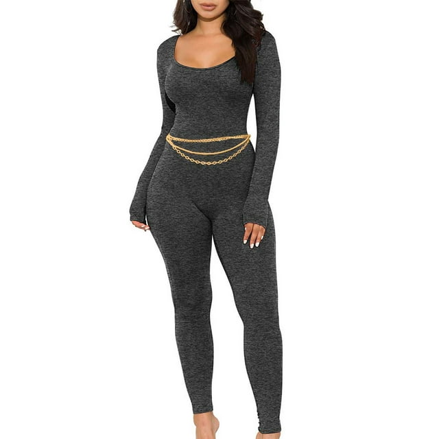 Women Long Sleeve Bodycon Jumpsuits Square Neck Knitted Ribbed Rompers