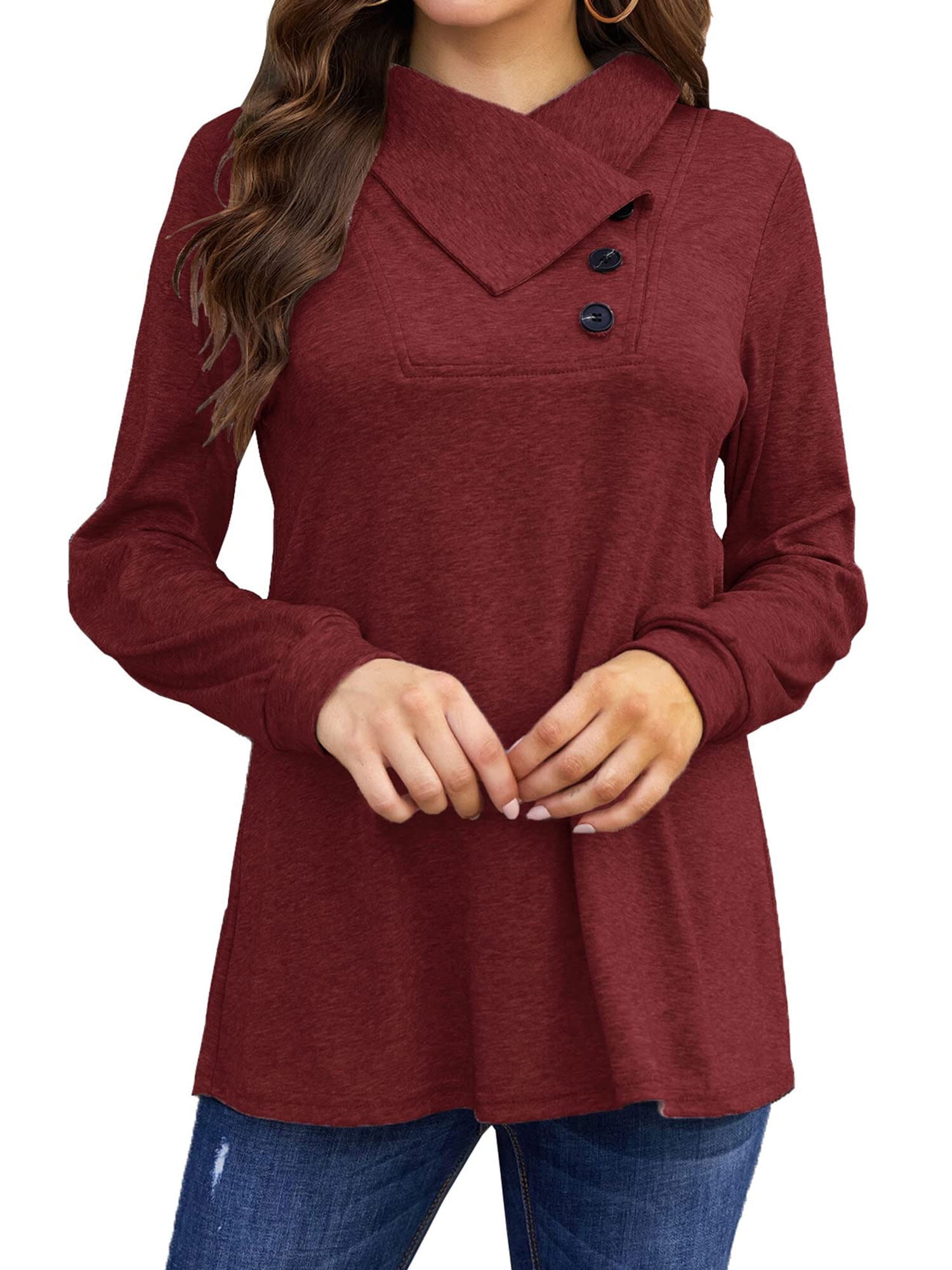 Women Long Sleeve Buttons Solid Color Lapel Collar Top - Walmart.com