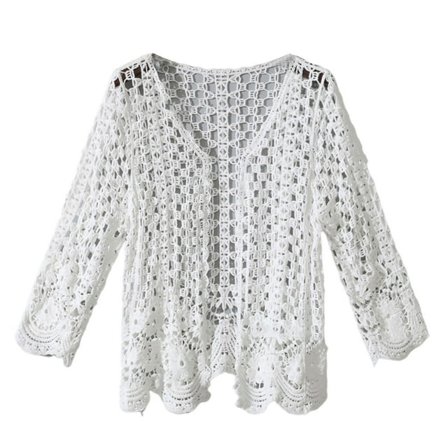 Women Long Sleeve Cardigan Hollow Crochet Floral Sweater Coat Beach ...