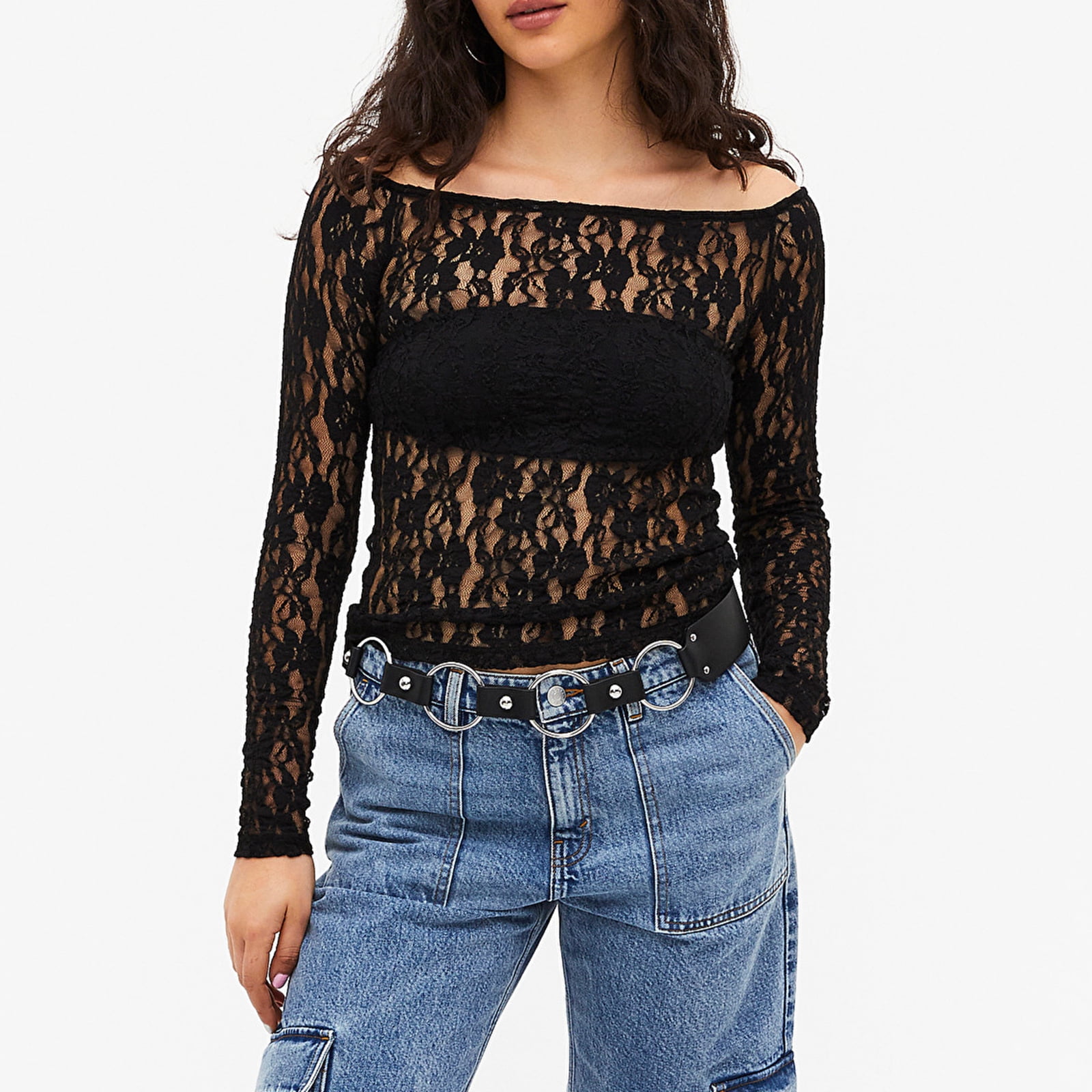 Women Long Sleeve Crop Tops Sheer Lace Off-Shoulder Shirt Casual ...