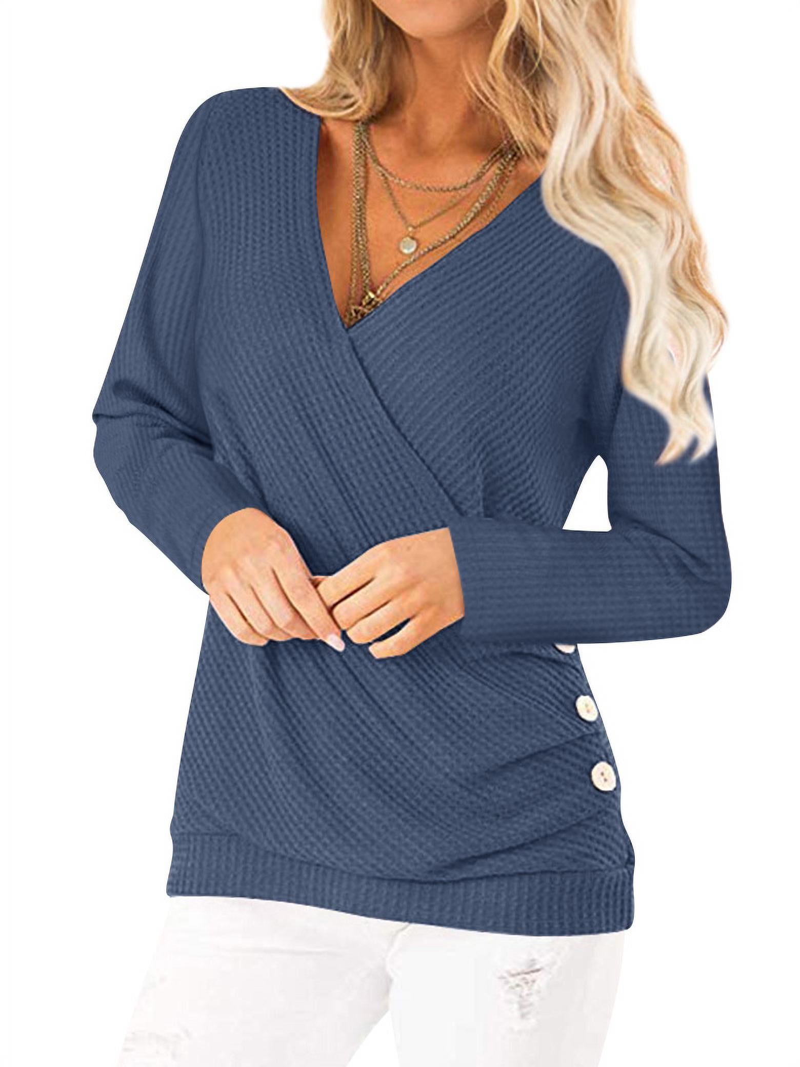 Women's V-Neck Long Sleeve Crossed Surplice Button Tops in Solid Color ...