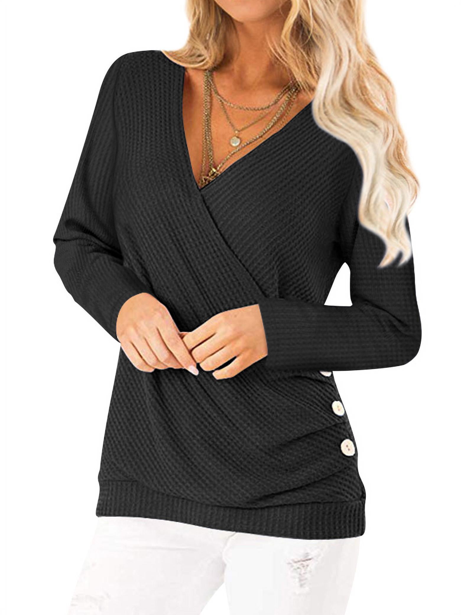 Women's V-Neck Long Sleeve Crossed Surplice Button Tops in Solid Color ...