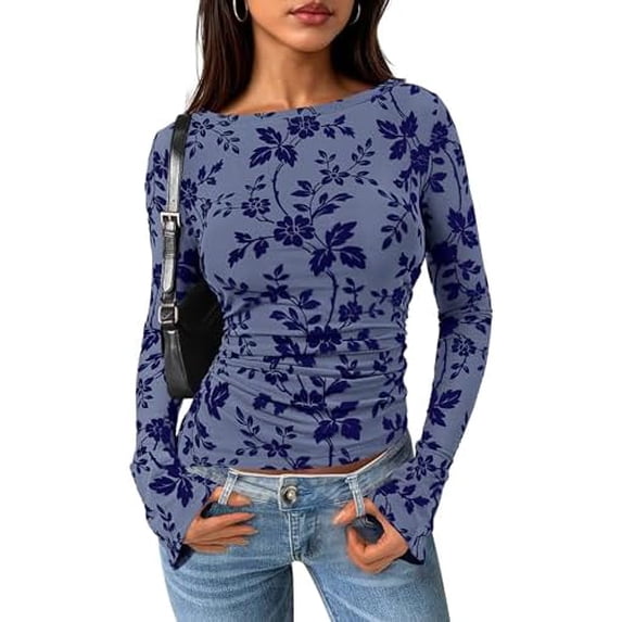Women Long Sleeve Floral Mesh Tops Blouse 2026 Fall Trendy Boat Neck ...