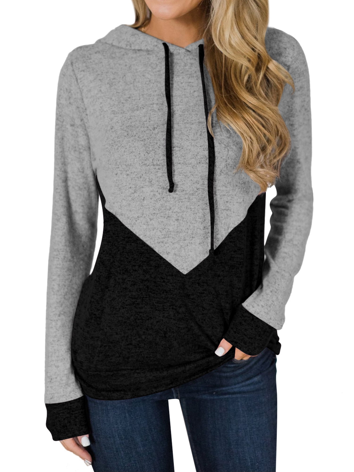 Women Long Sleeve Geometric Stitching Colorblock Drawstring Hoodie Top ...