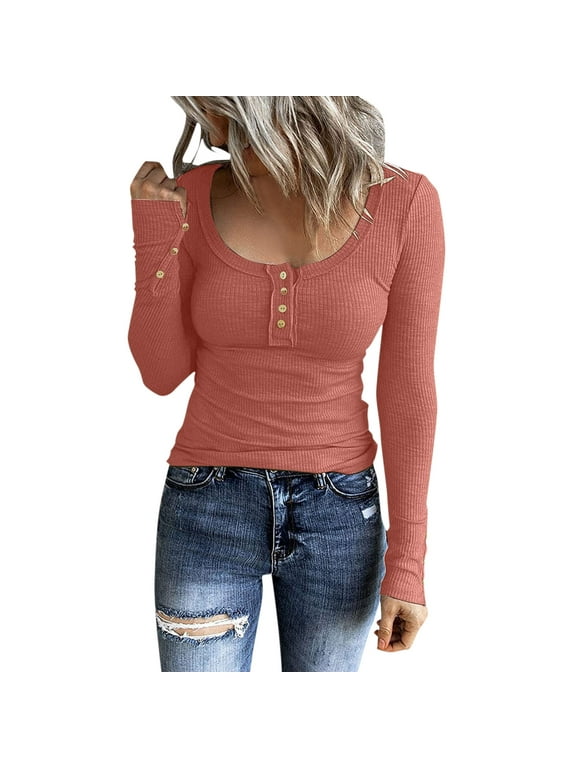 Juniors Tops, Women Long Sleeve Henley T Shirts Button Down Slim Fit ...
