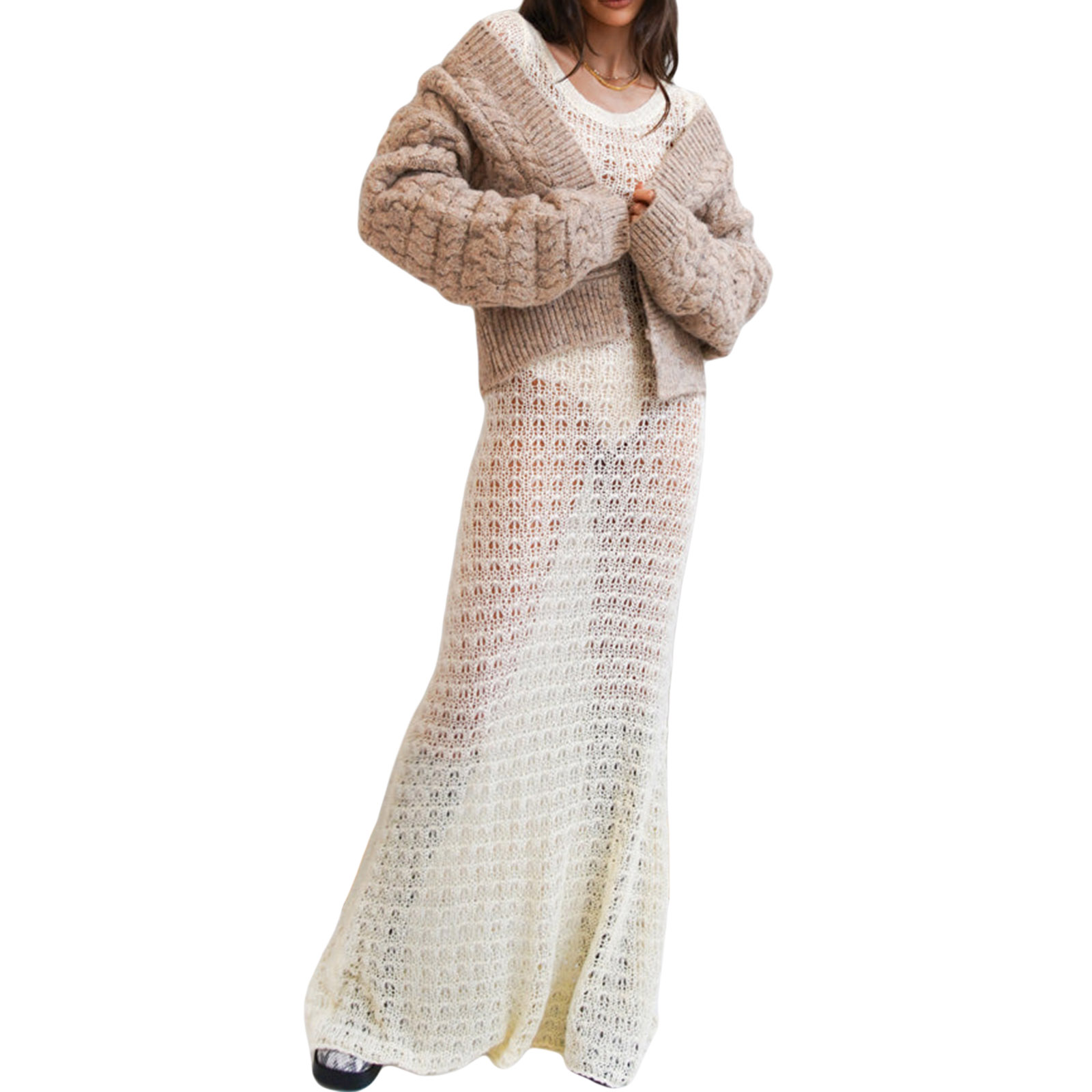 Women Long Sleeve Hollow Out Maxi Knit Dress See Through Cut Out Flower ...