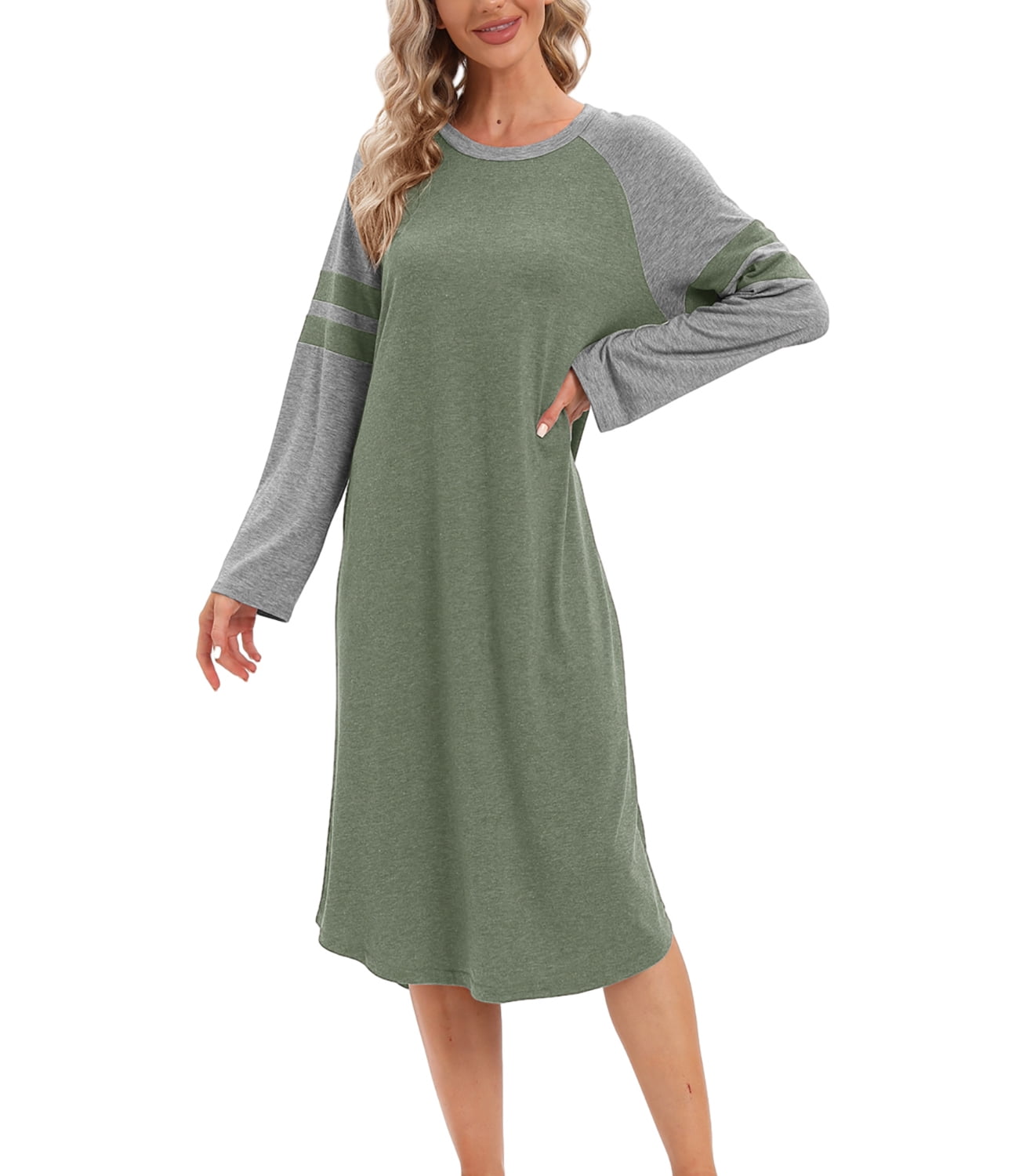 Women Long Sleeve Nightgown Loose Fit Sleepshirt Spring Fall Calf ...