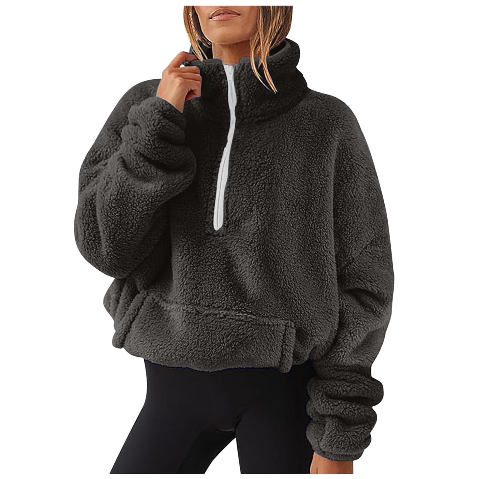 Women Long Sleeve Oversized Half Zip Fleece Sweatshirt Soft Fuzzy ...