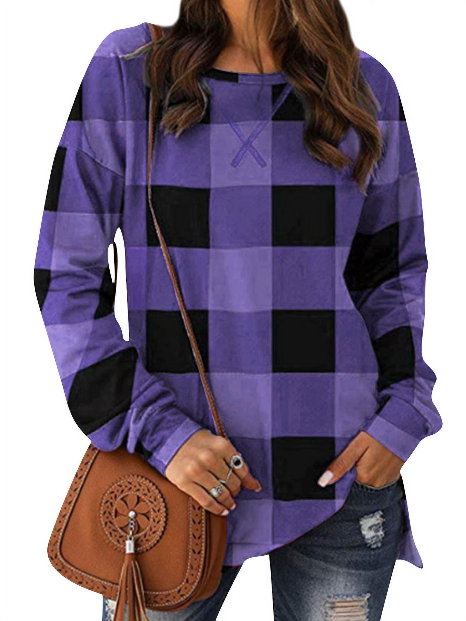 Walmart Women's Cotton Blend Long Sleeve Plaid Printed Split Hem Casual ...