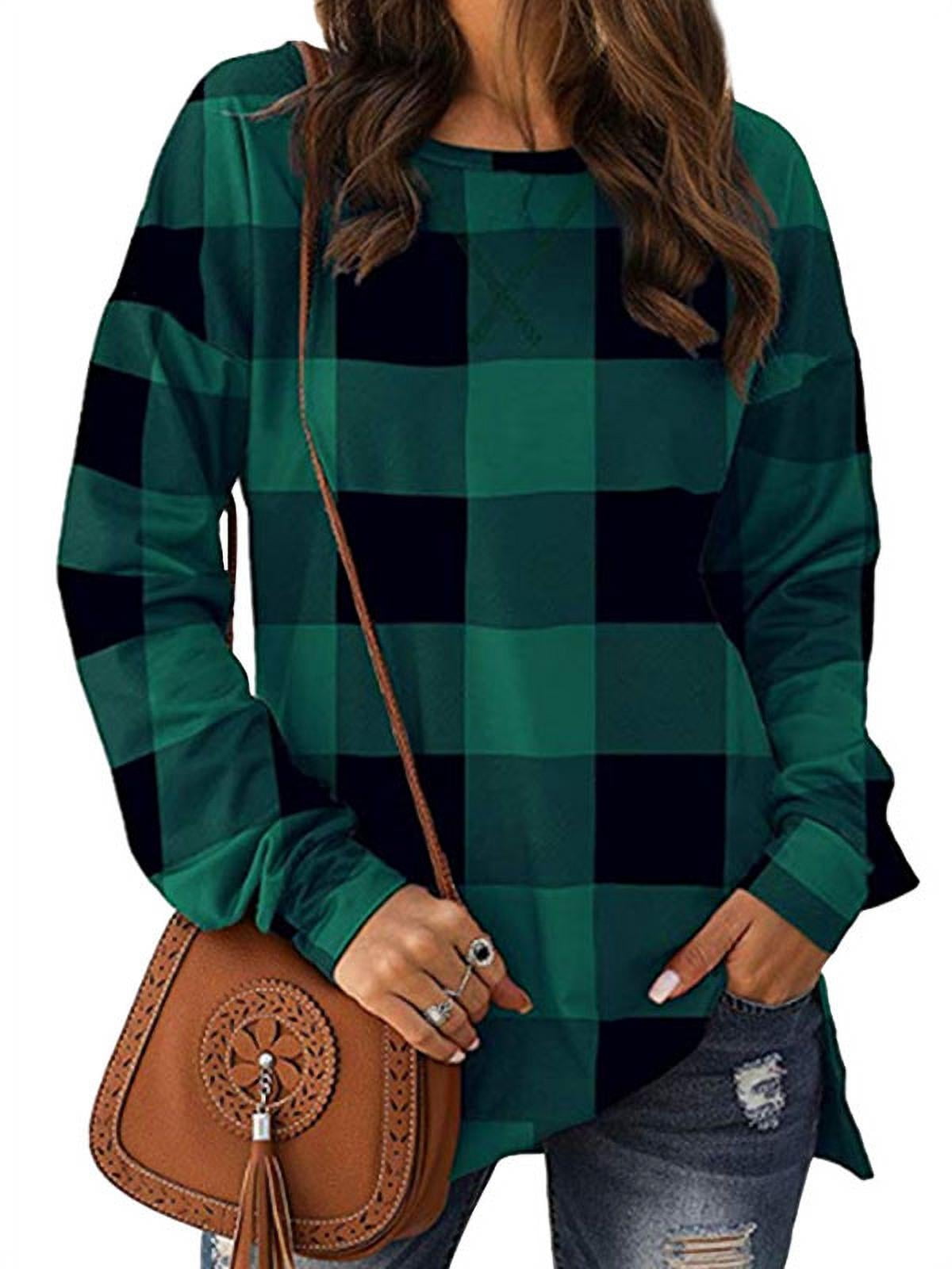 Joybuy Women's Cotton Blend Long Sleeve Plaid Printed Top with Split ...