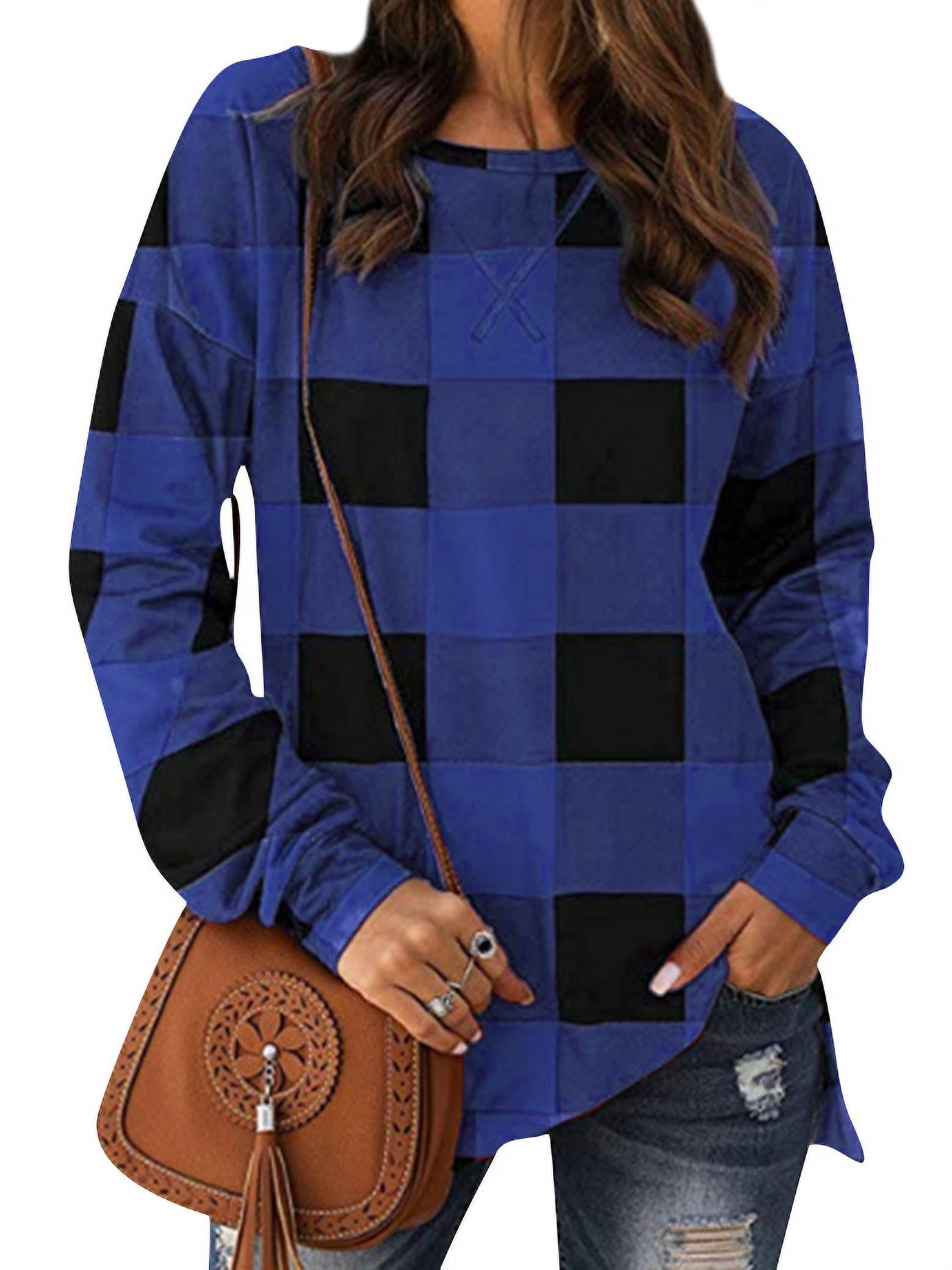 Women Long Sleeve Plaid Printed Split Hem Top - Walmart.com