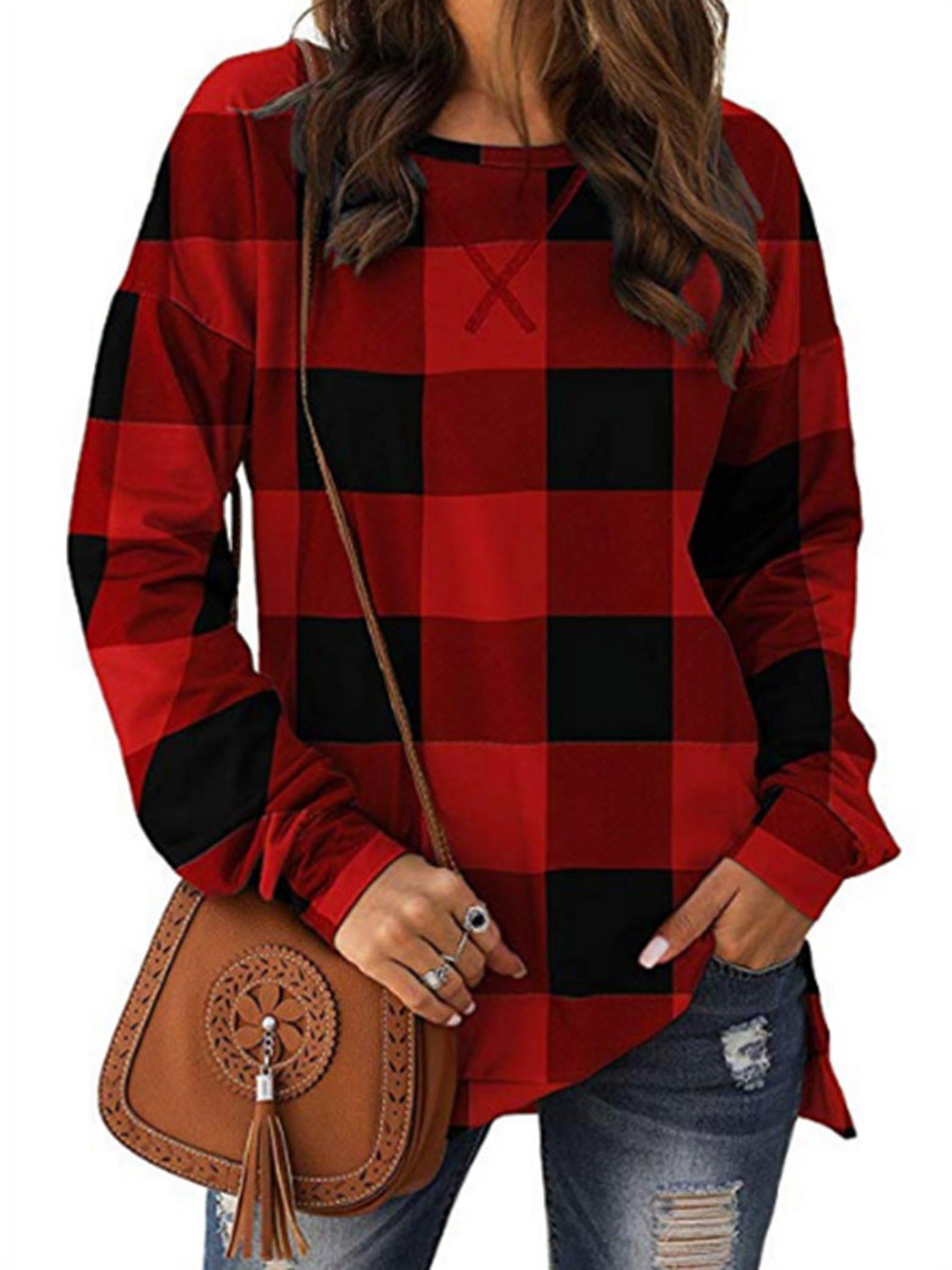 Walmart Women's Cotton Blend Plaid Printed Long Sleeve Round Neck Split ...