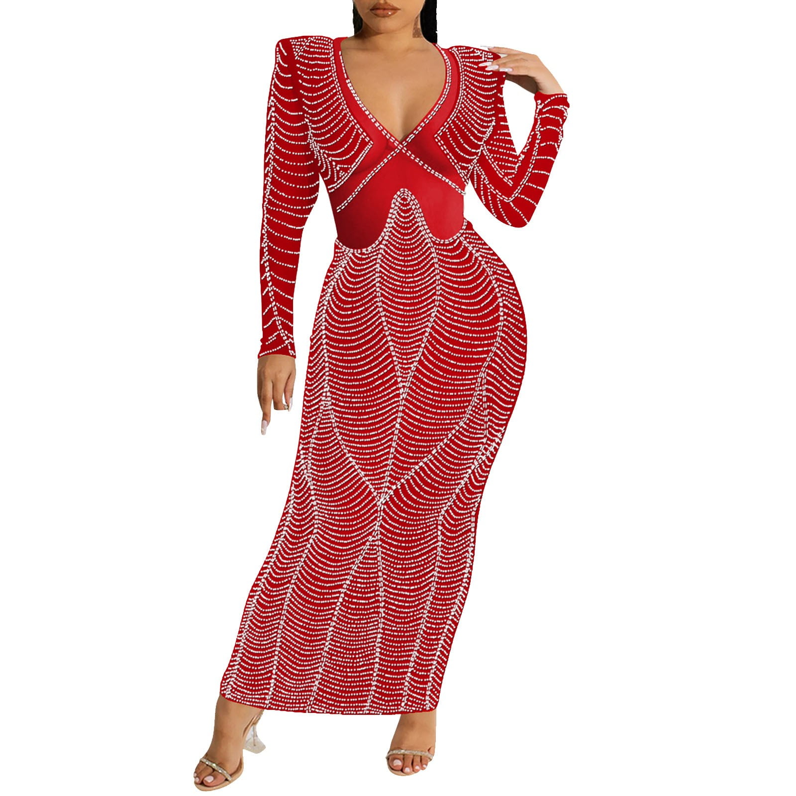 Women Long Sleeve Prom Dress Nightclub Rhinestone Mesh Long Sleeve Long ...