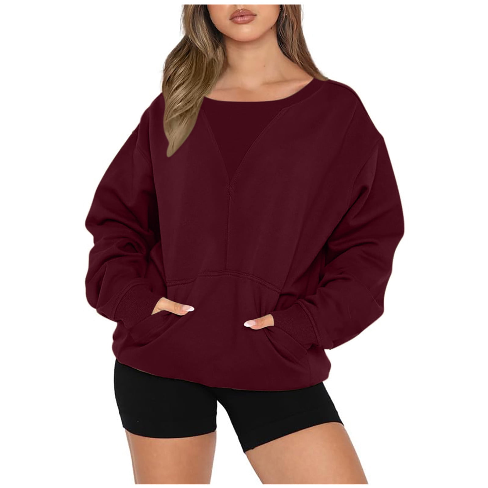 Women Long Sleeve Pullover Jumper Sweatshirt Cotton Casual Solid Crew ...