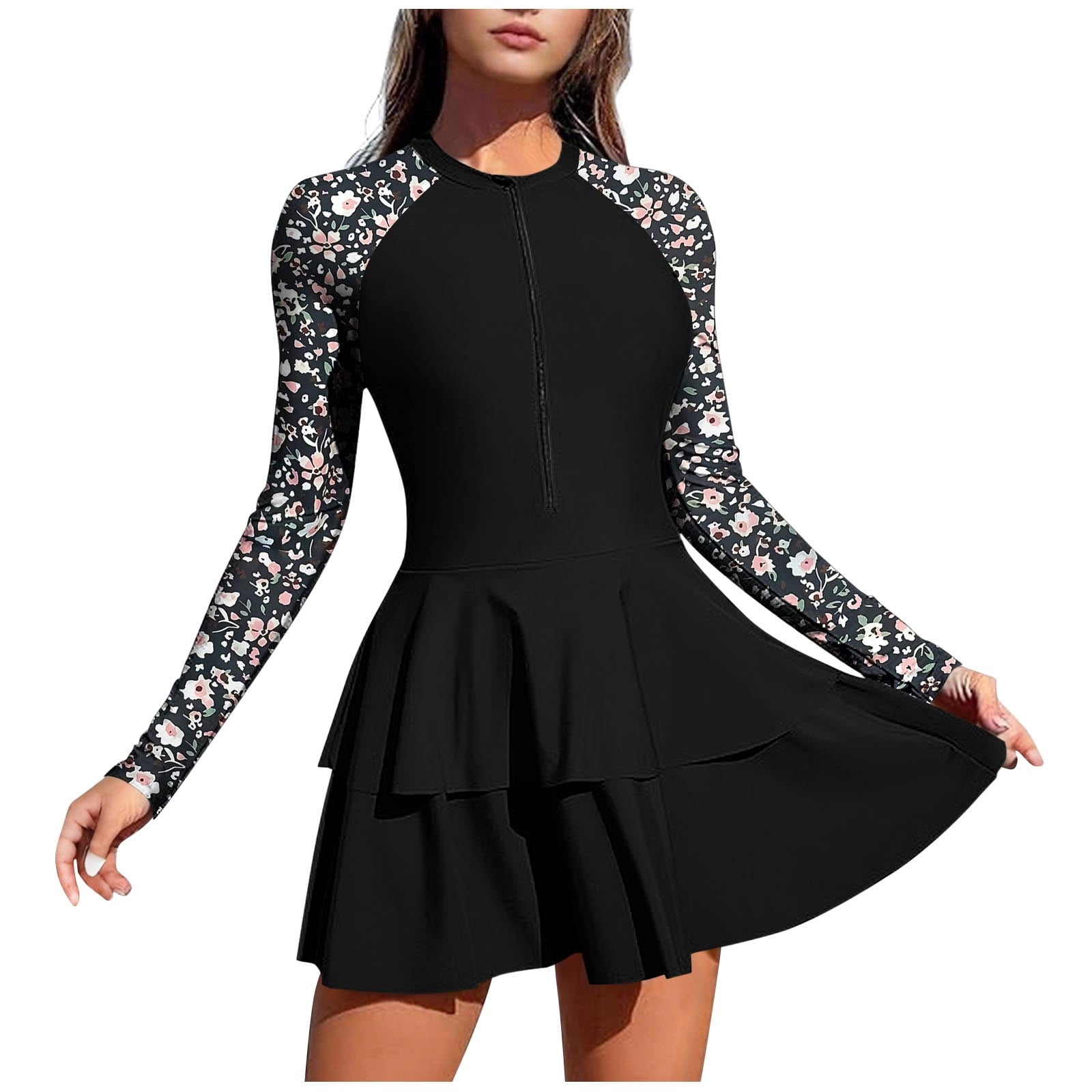 Women Long Sleeve Rash Guard Swimdress Thumb Holes Surfing Printed One ...