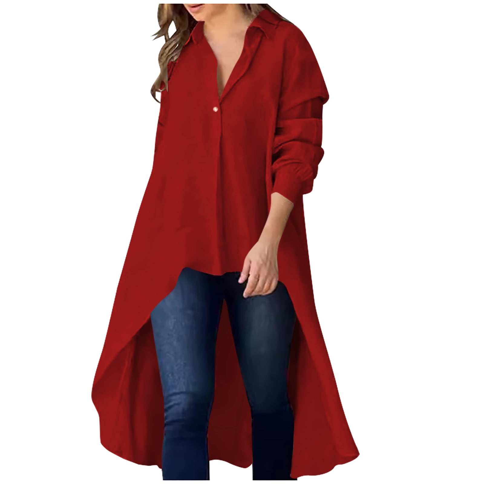 Women Long Sleeve Shirts One-button High Low Hem Flowy Tops Lapel V ...