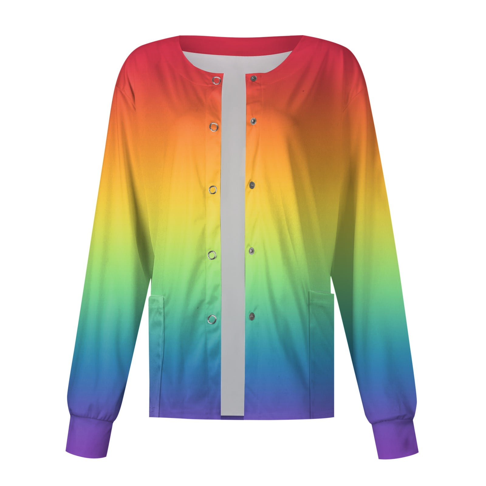 Women Long Sleeve T shirts Gradual Change Crew Neck Top With Pockets Single-breasted Protective ...