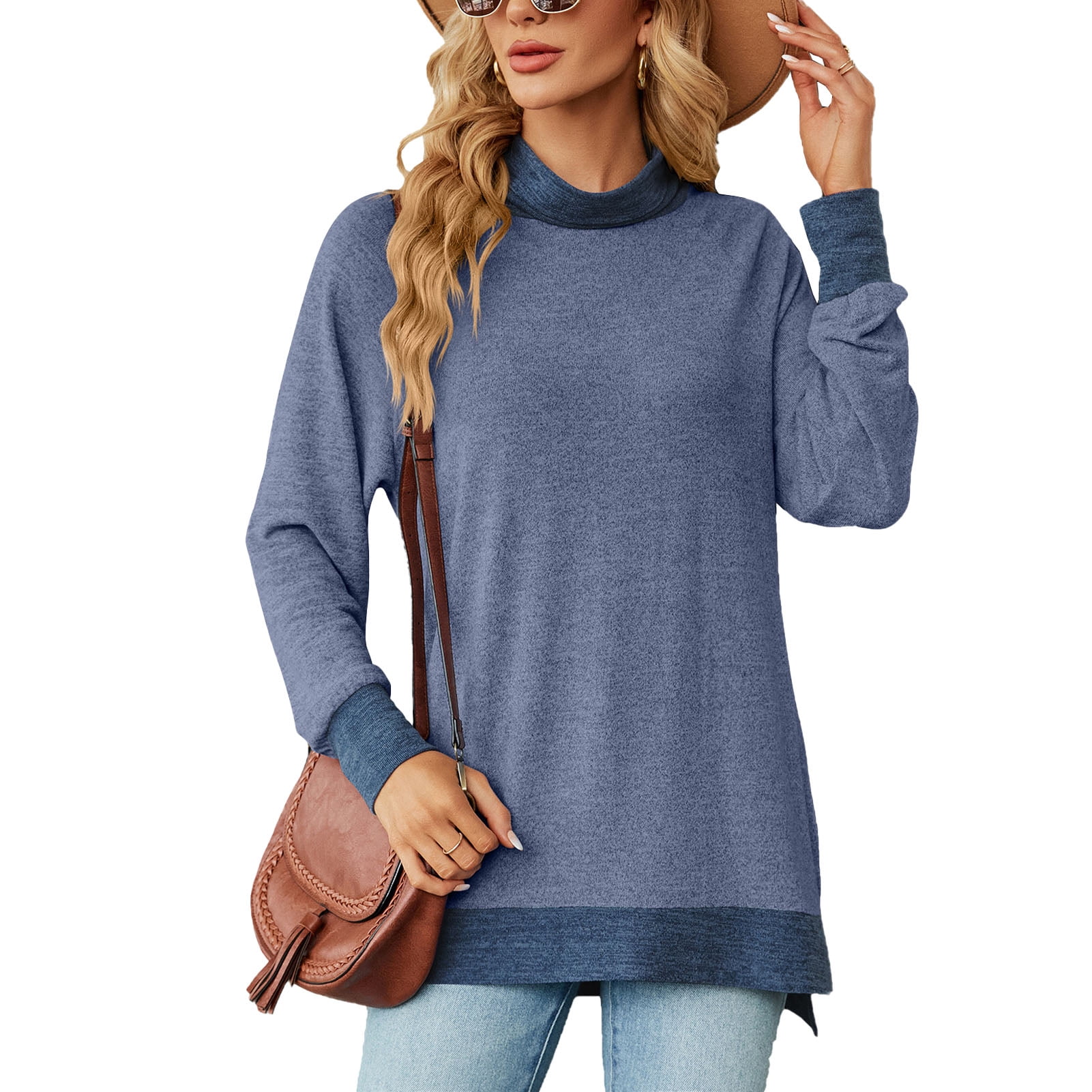 Women Long Sleeve Tops Loose Casual High Neck Tops with Side Split for ...