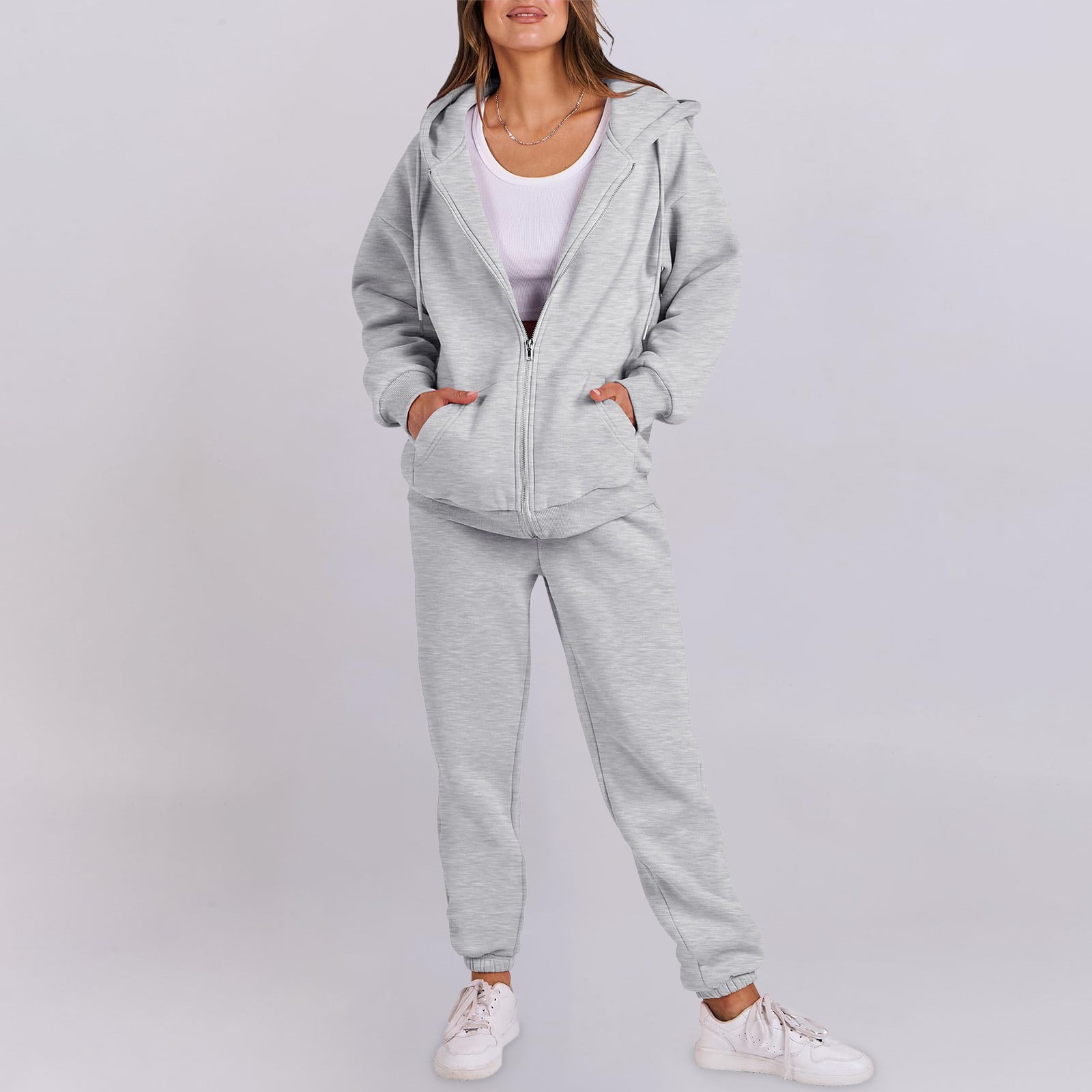 Women Long Sleeve Tracksuit Sport Suit Solid Color Hooded Sweatshirt ...