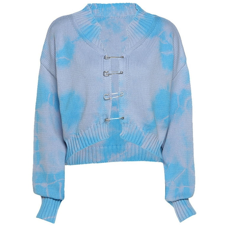 Women Long Sleeve V-Neck Tie-Dye Sweater Coat Safety Pin Women Long Sleeve V-Neck Tie-Dye Sweater Coat Safety Pin