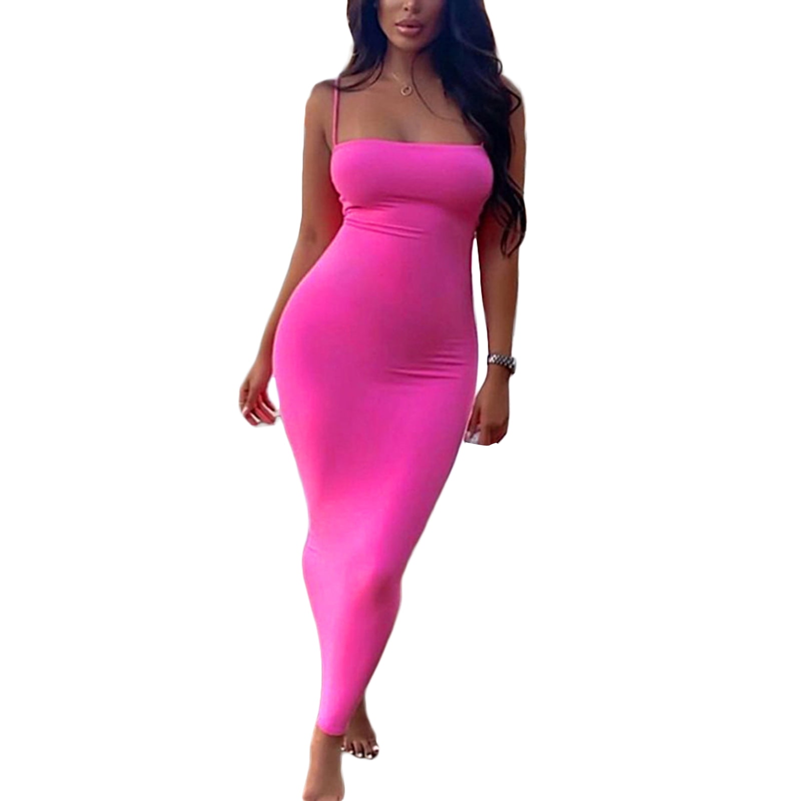 Women Long Tank Top Dress Ankle Length Solid Color Spaghetti Strap ...