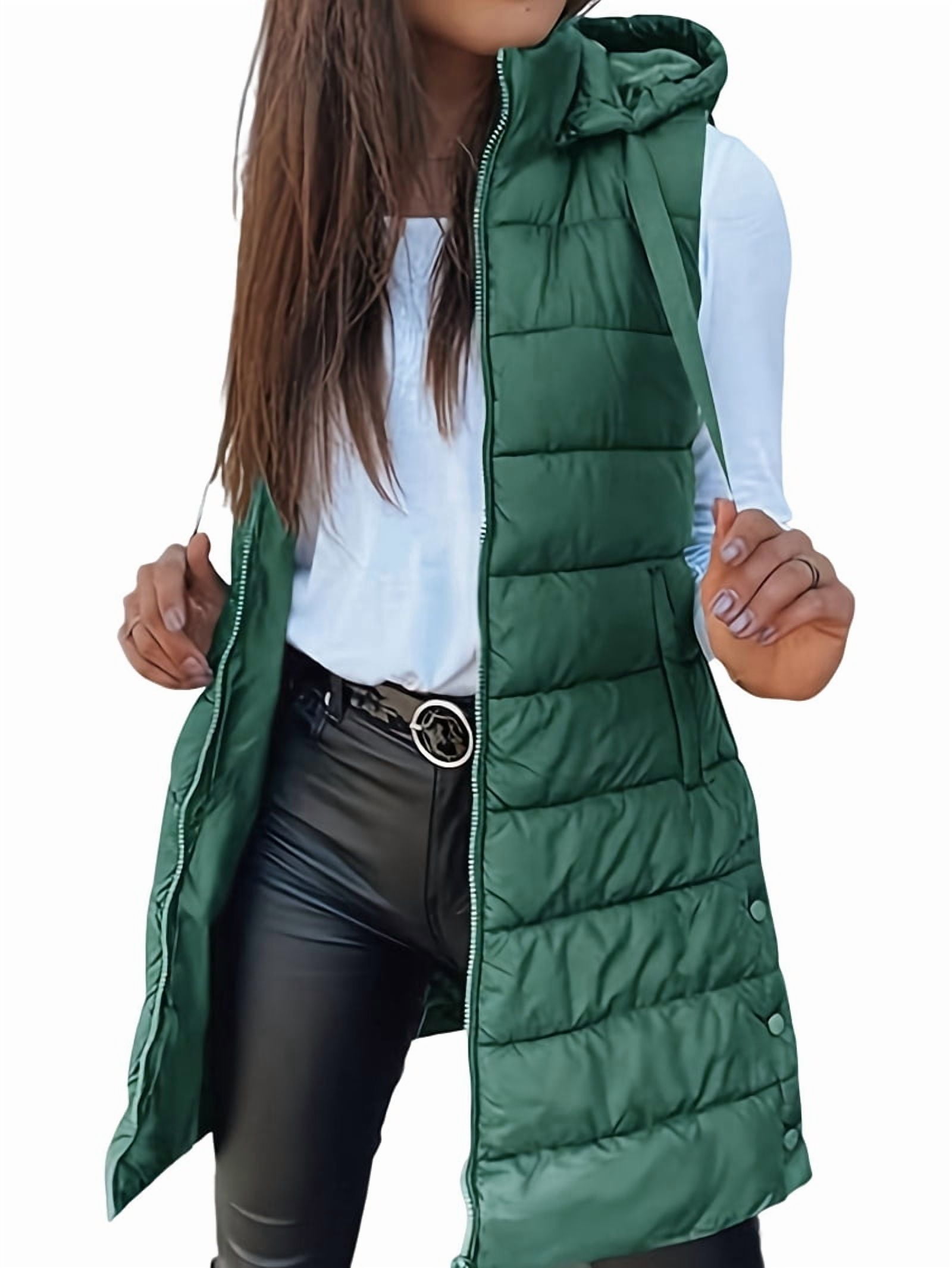 Women Long Vest Solid Color Sleeveless Hood Winter Puffer Vest Outwear ...
