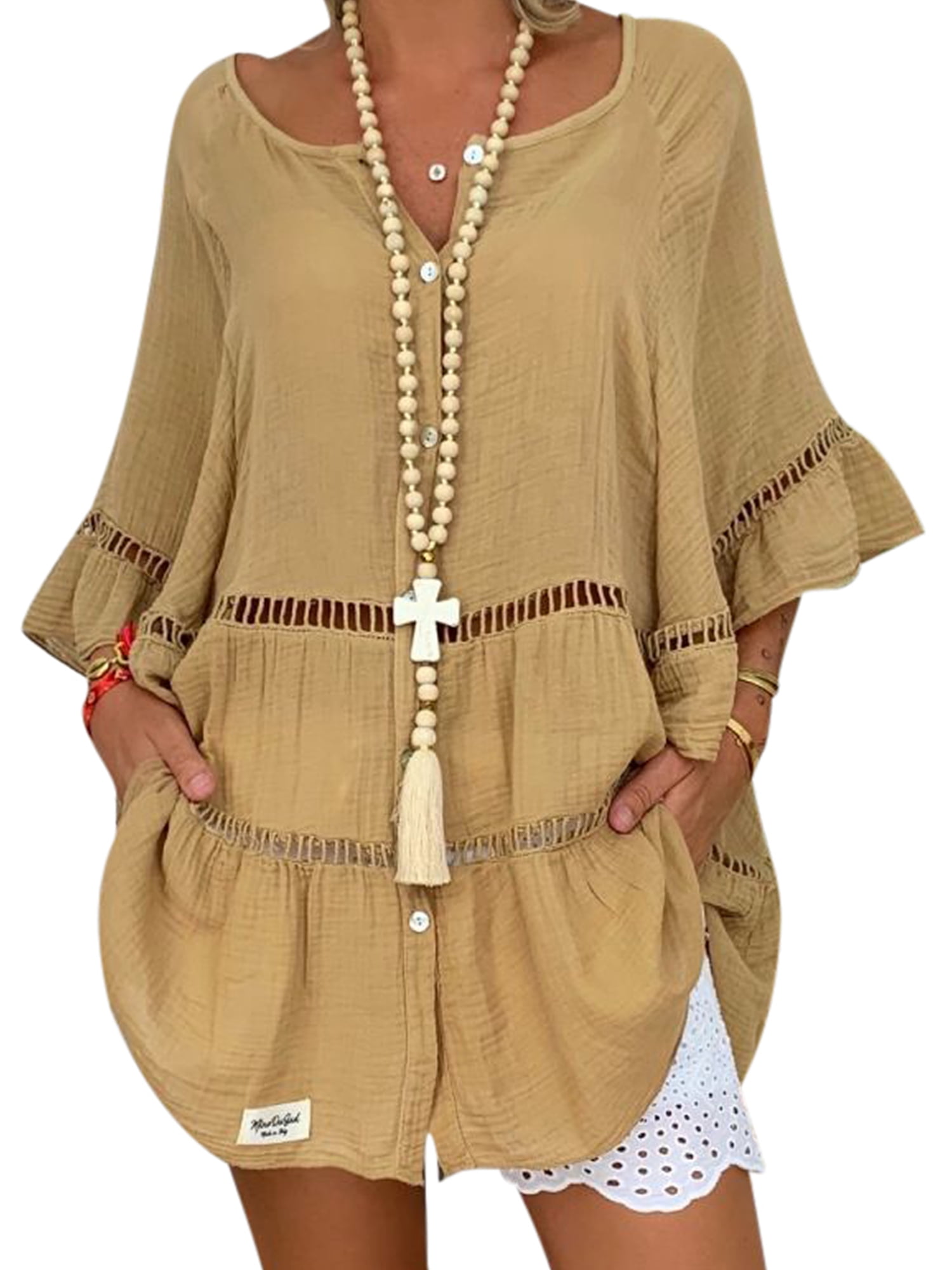 Women Loose Casual Boyfriends Button Tunic Top Flare Sleeve V Neck ...