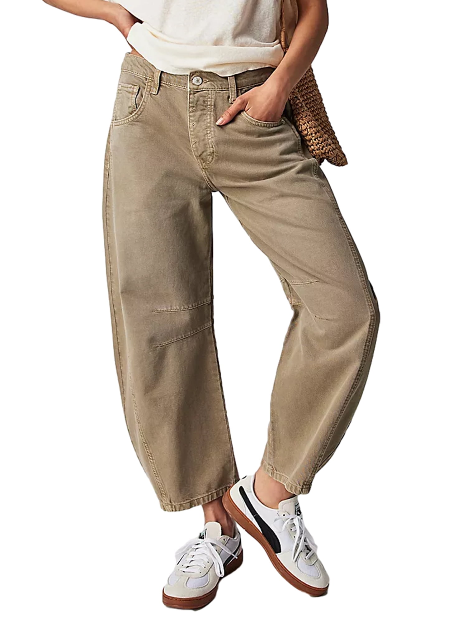 Women Loose Jeans Solid Color Mid-Rise Barrel Denim Pants - Walmart.com